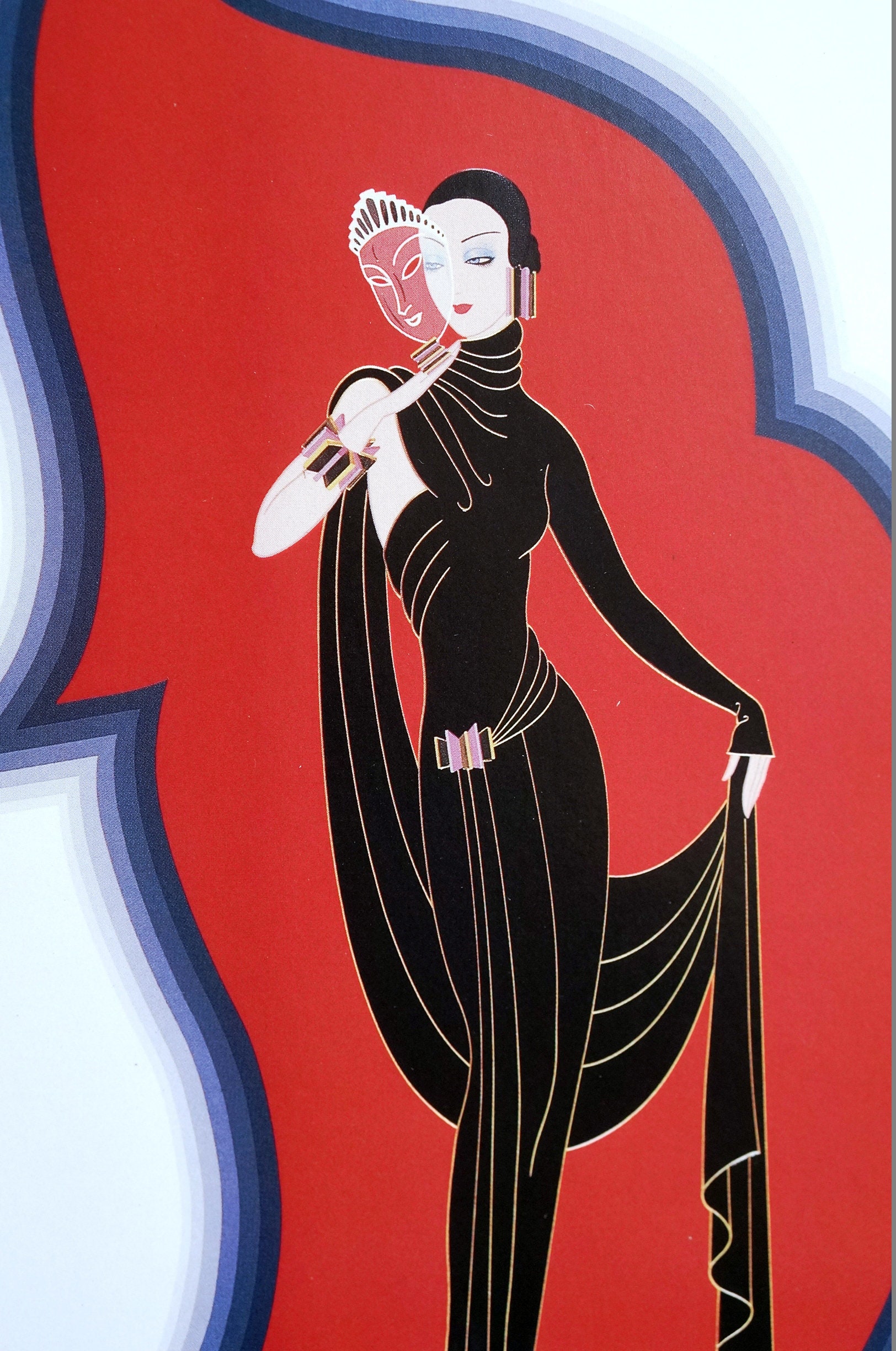 Erte 1991 - CRYSTAL MASK Mystery Woman in BLACK Evening Gown Art ...