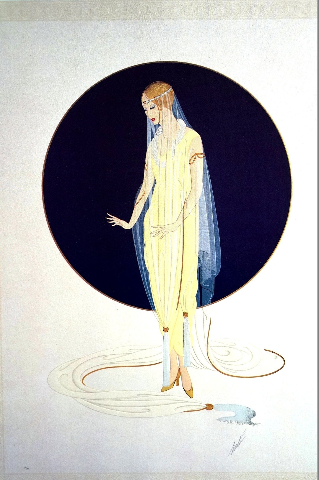 Erte Matted Print DEVOTION 1987 BEAUTIFUL LADY Long Lace Veil Yellow ...