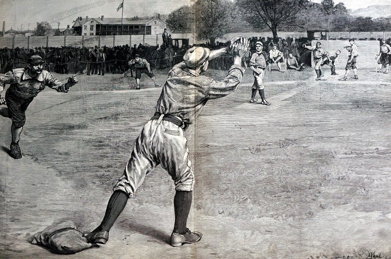 Baseball Game 1887 THROWN OUT on SECOND Team Batter Pitcher Catcher ...