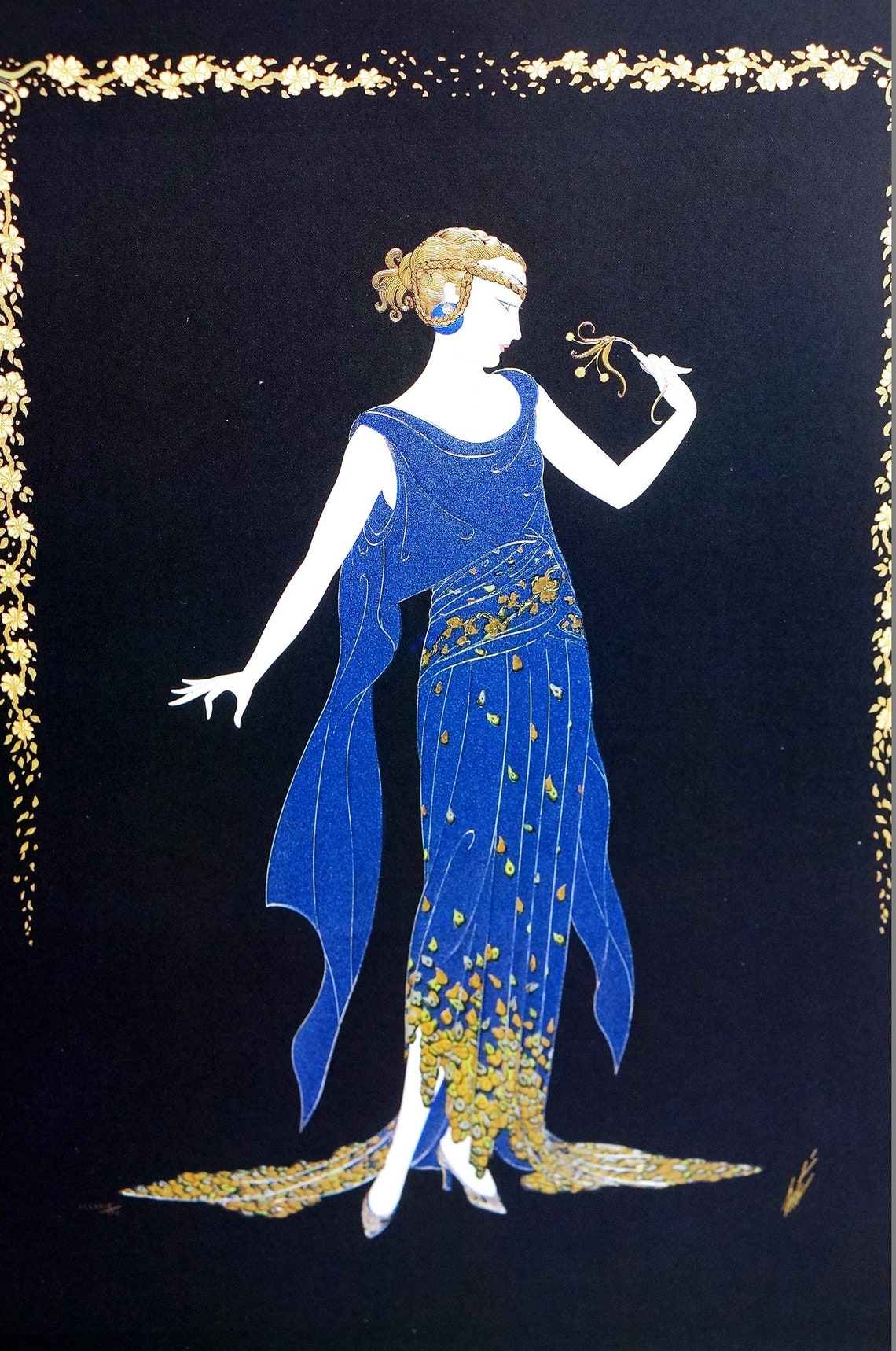 Erte Matted Print 1991 Blue FLOWER PETAL DRESS Yellow Petals and Leaves ...