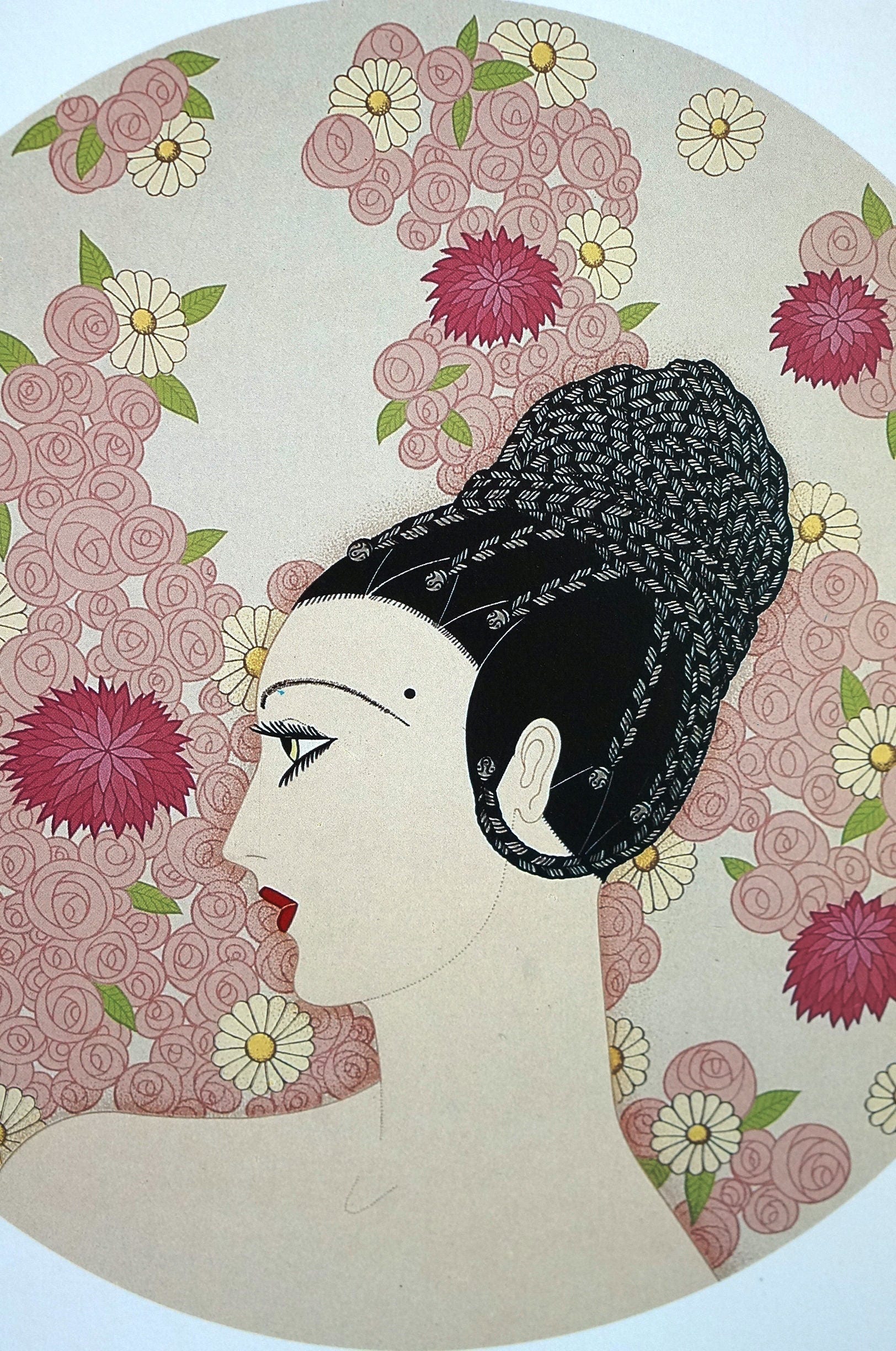 Erte Matted Print 1987 ROSES Flowers Pretty Lady in ROSE GARDEN ...