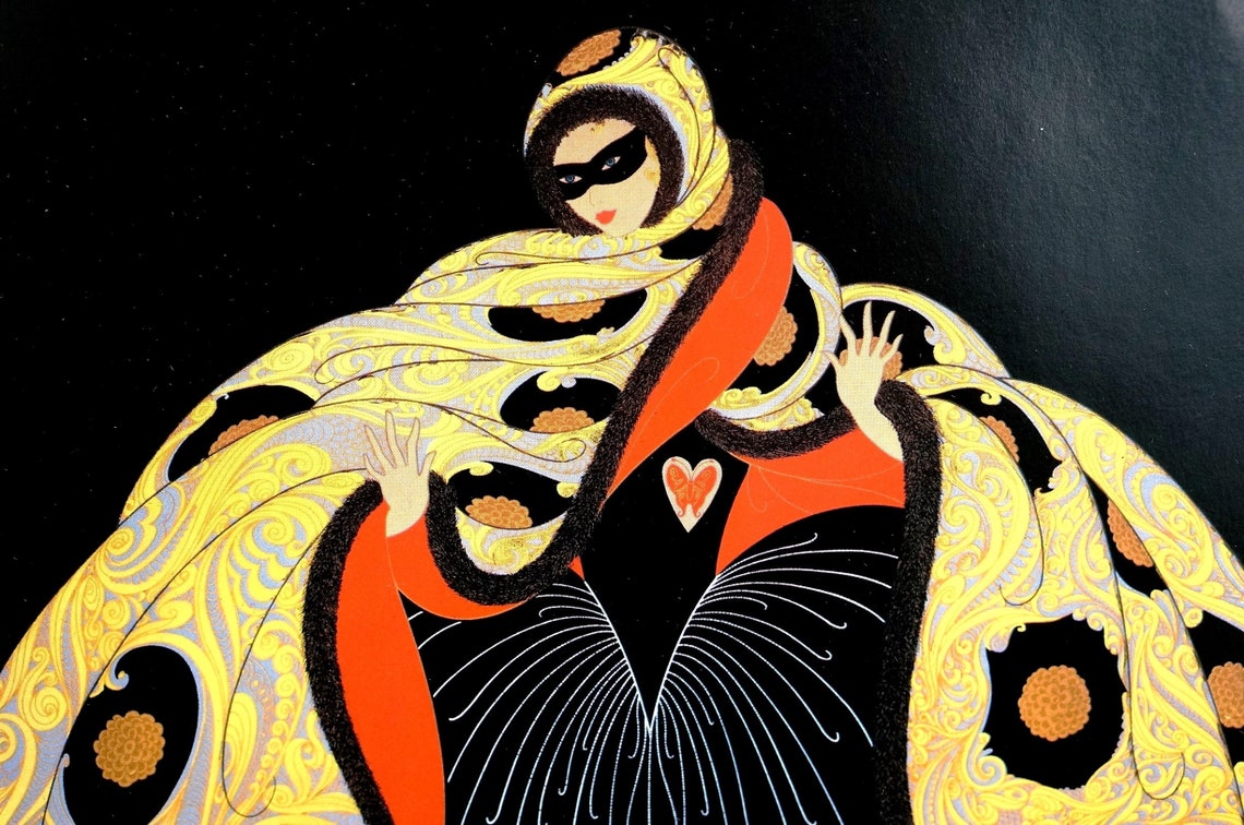 Erte Print 1987 MASQUERADE GOWN MASKED Lady Heart Dress Cape | Etsy