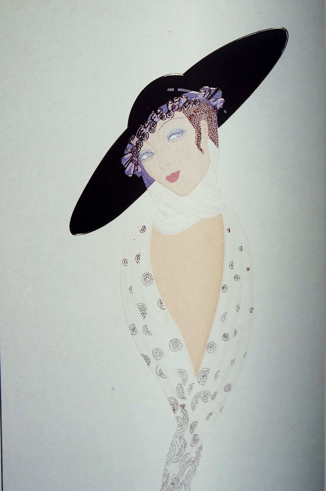 Erte 1991 A GLANCE - Pretty Lady in Big BLACK Wide Brim Hat Pink ...