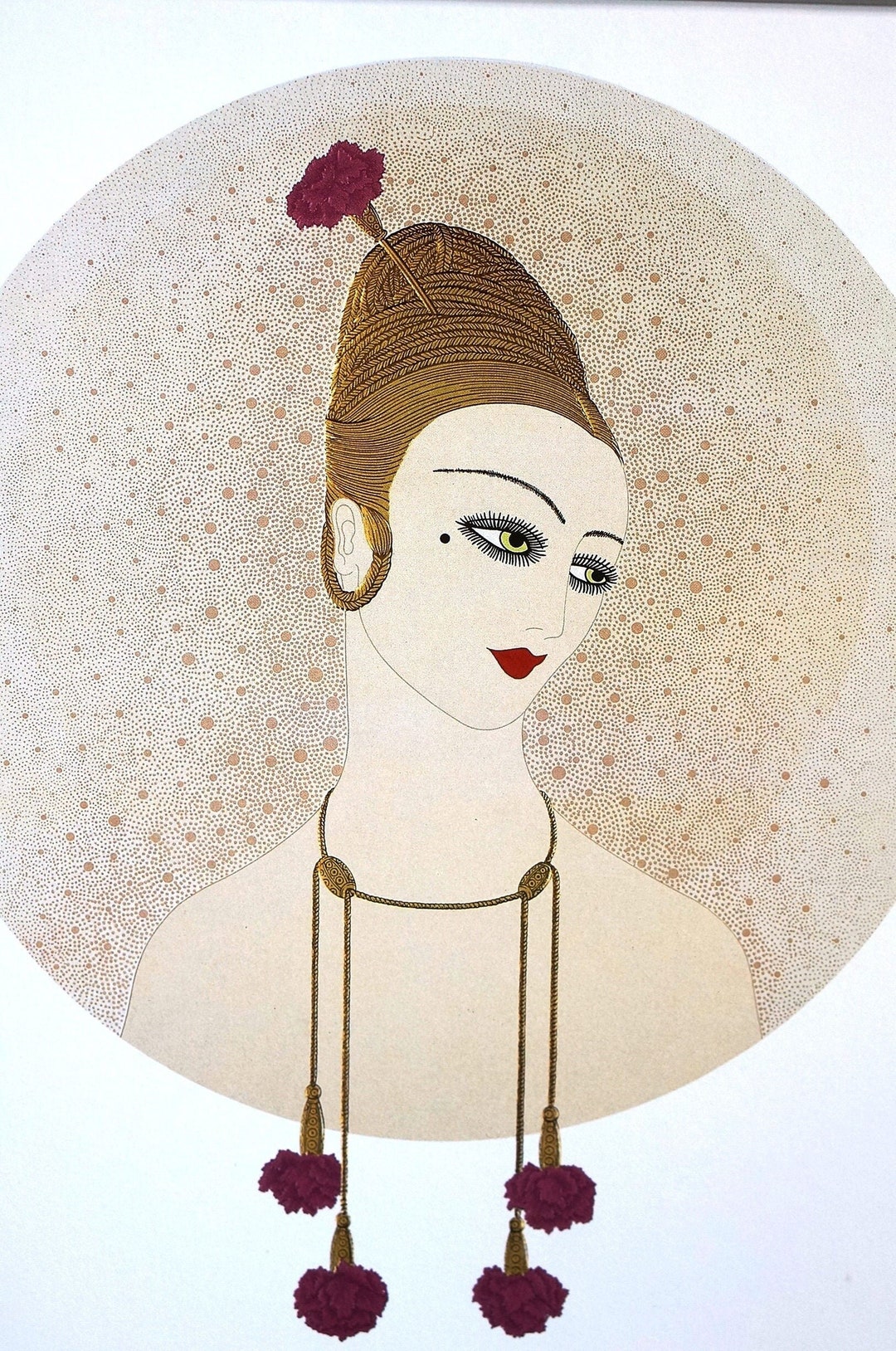 Erte Matted Print 1987 CARNATIONS FLOWERS Lady with Carnation Necklace ...