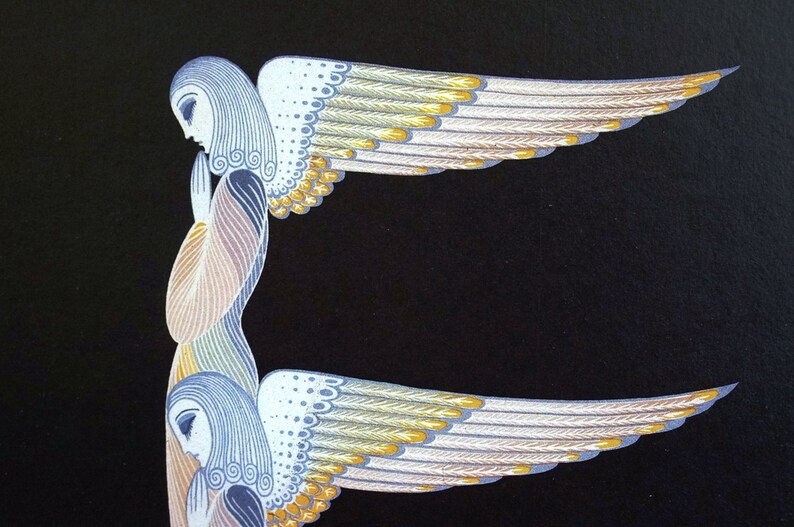 Erte 1982 - ALPHABET SERIES - Letter E - Praying Angels Wings in Heaven ...