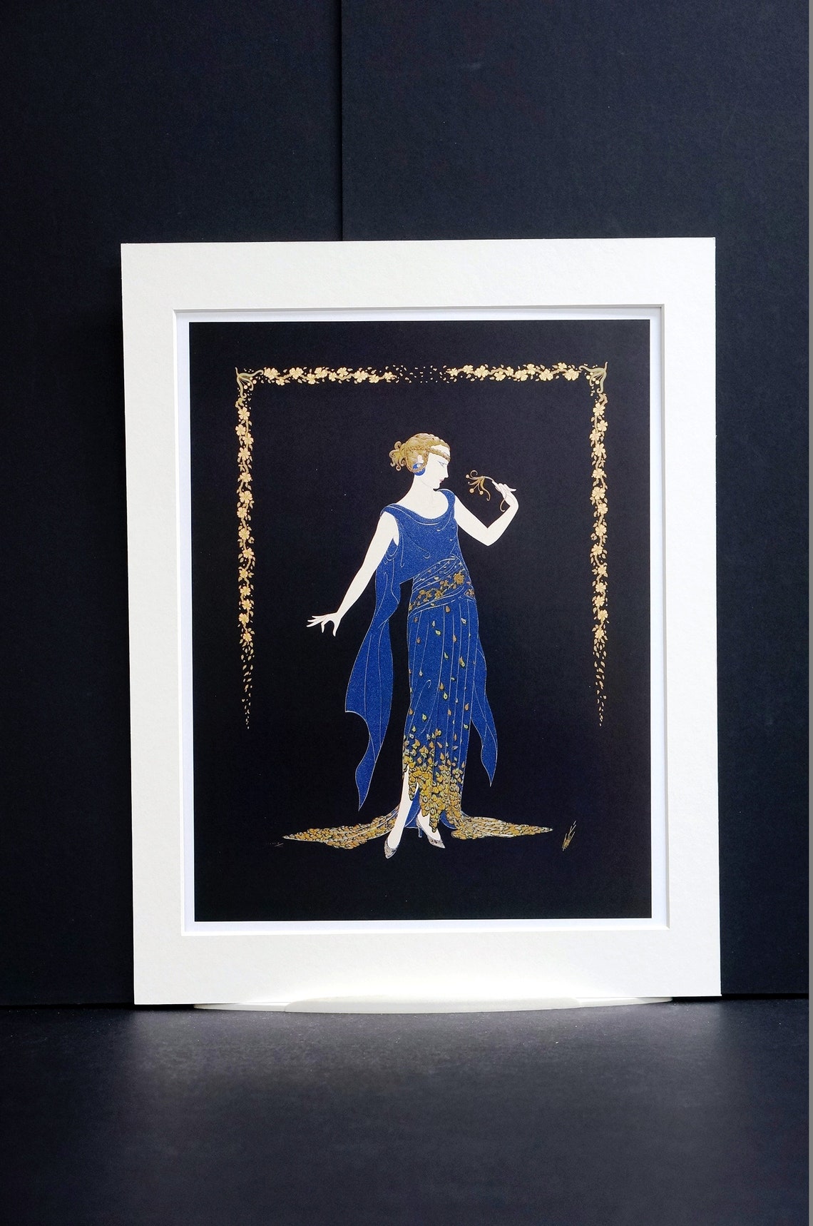 Erte Matted Print 1991 Blue FLOWER PETAL DRESS Yellow Petals and Leaves ...