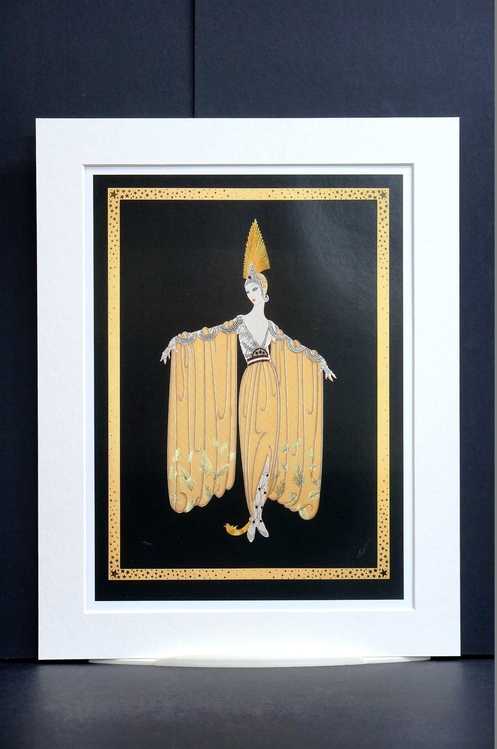 Erte Matted Print 1991 ORIENTAL GOWN W YELLOW Gold Flowers Feathers ...
