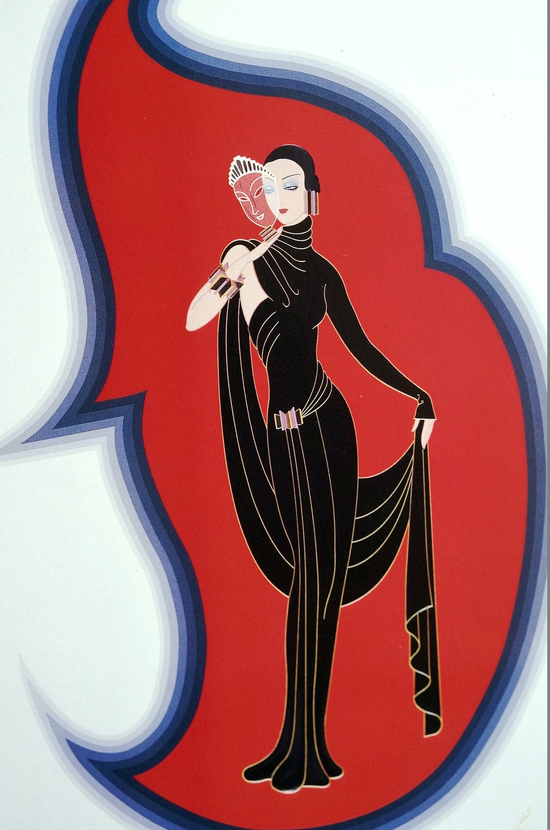Erte 1991 - CRYSTAL MASK Mystery Woman in BLACK Evening Gown Art ...