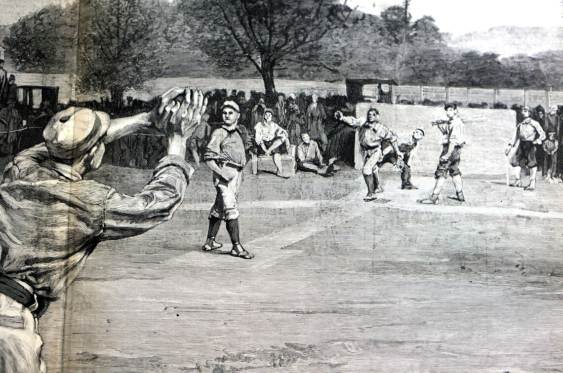 Baseball Game 1887 THROWN OUT on SECOND Team Batter Pitcher Catcher ...