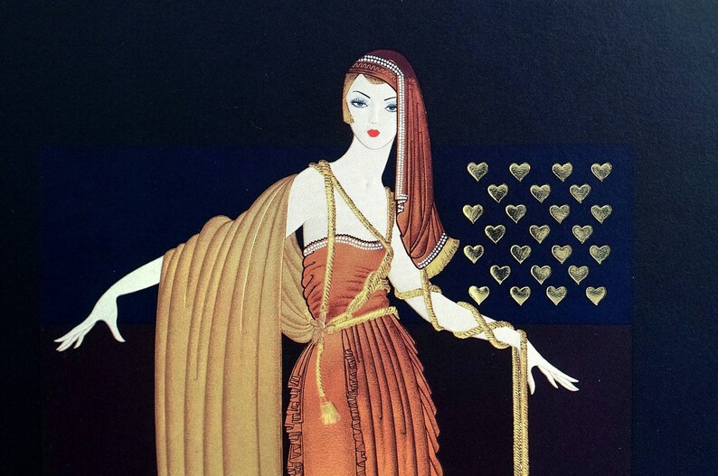 Erte Matted Print 1987 ORANGE FRINGE CAPE and Head Scarf Hearts Tassels ...