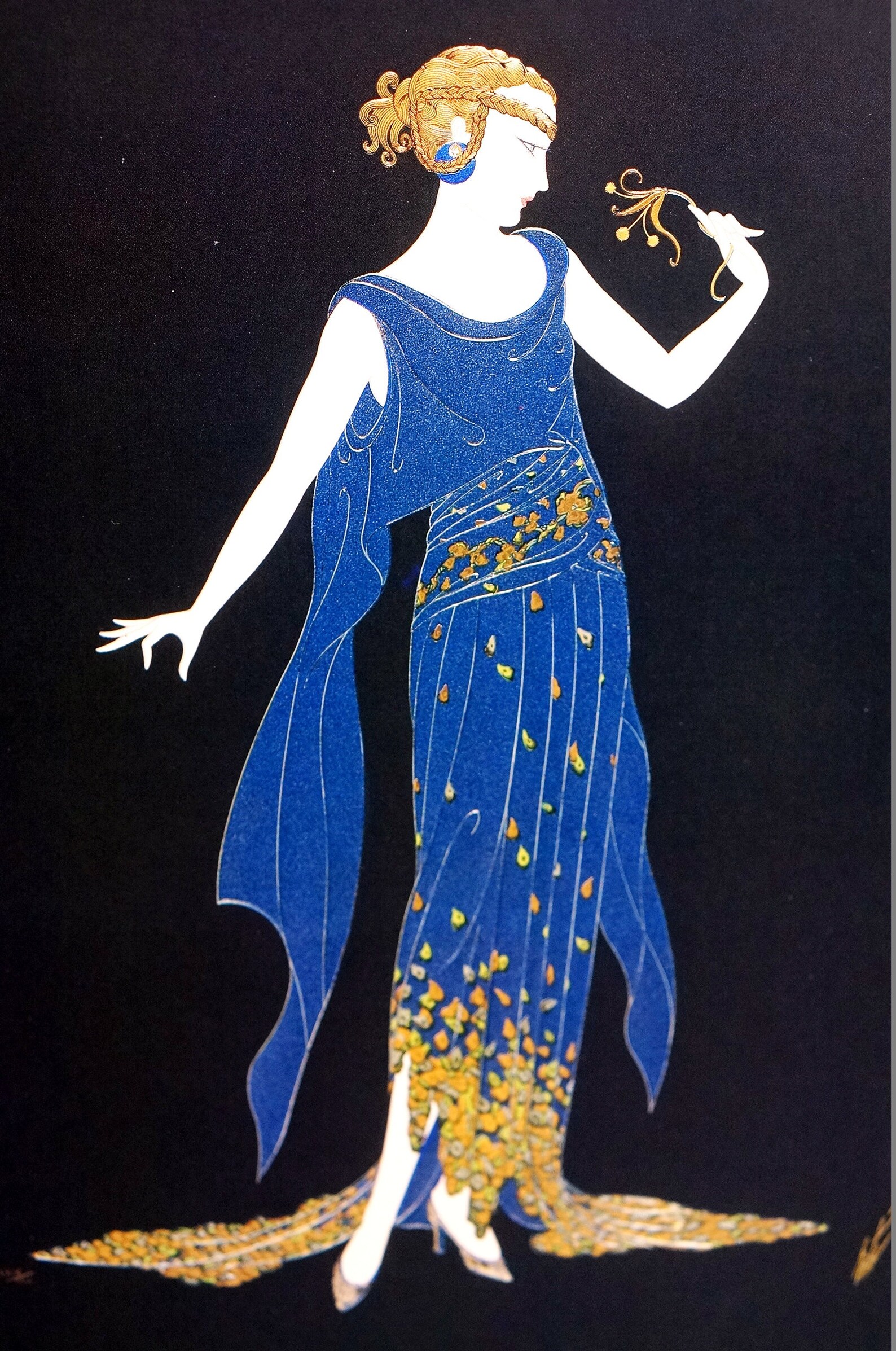 Erte Matted Print 1991 Blue FLOWER PETAL DRESS Yellow Petals and Leaves ...