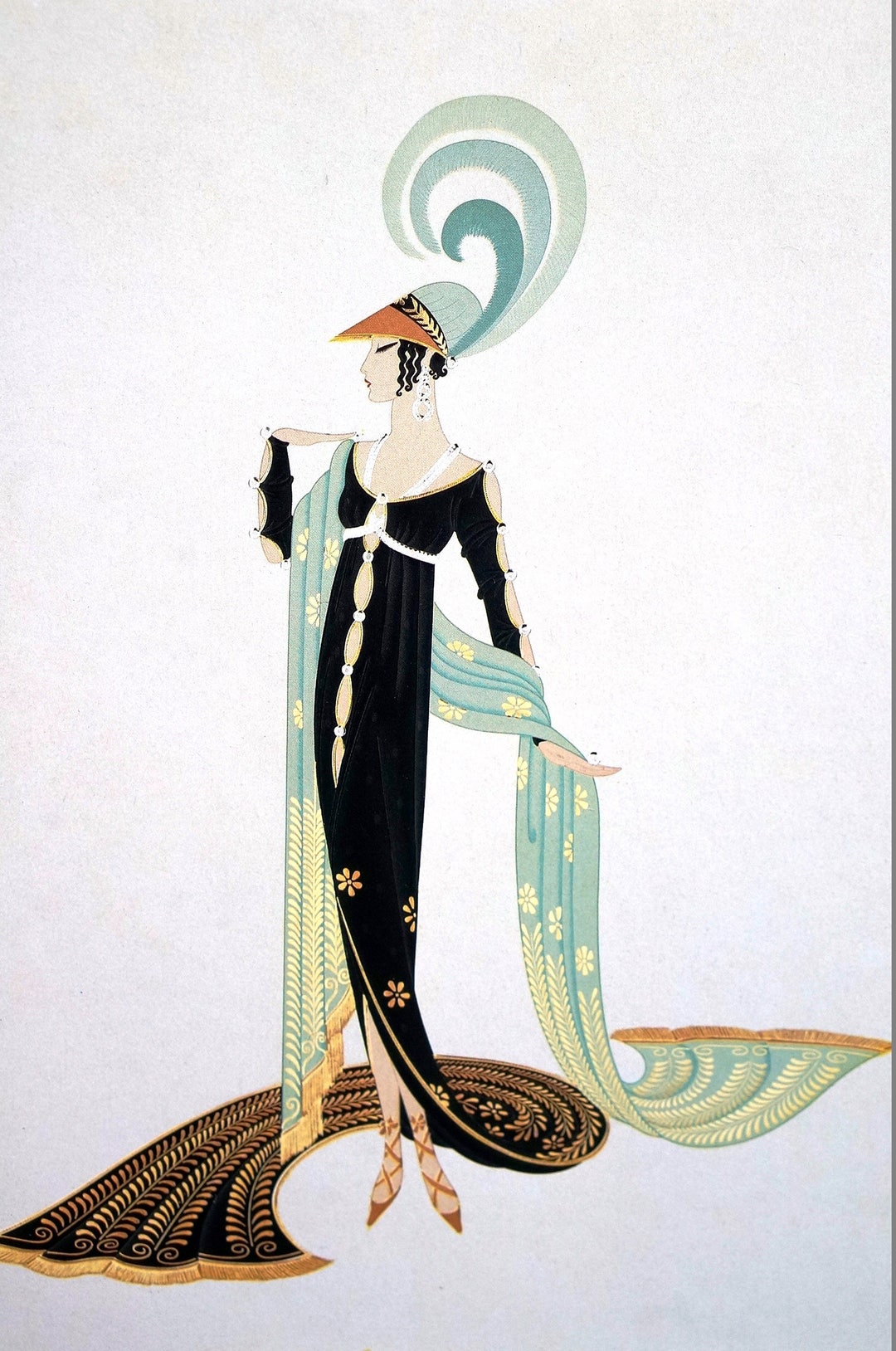 Erte Matted Print 1987 DIRECTORIE Actress in GREEN PLUME Hat and Green ...