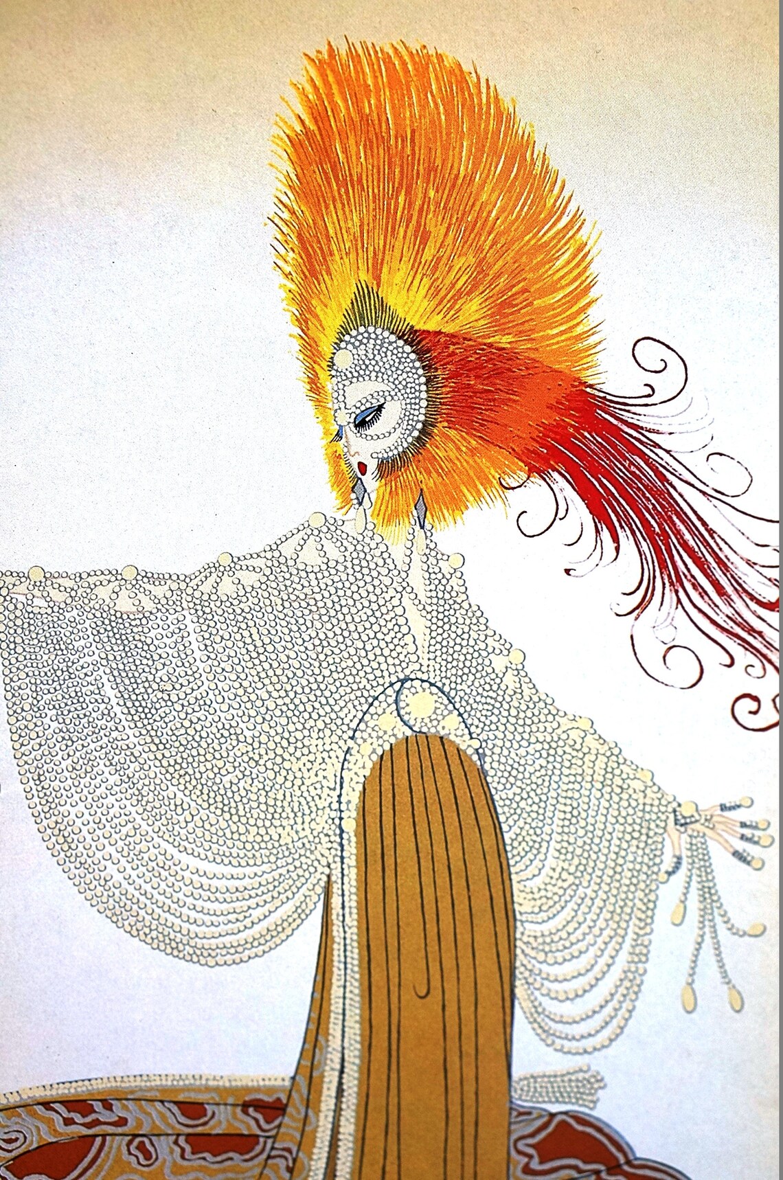Erte Matted Print 1987 L'ORIENTAL Persian Beauty in ORANGE Feather MASK ...