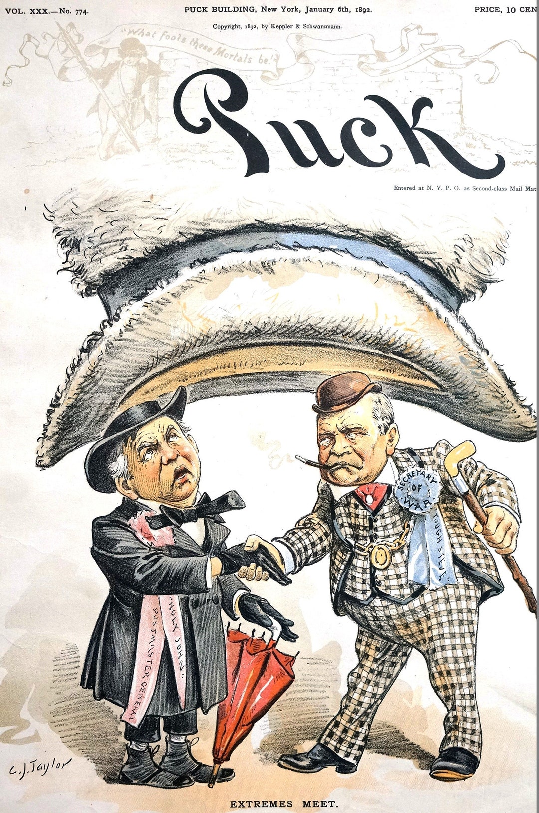 Extremes Meet 1892 POSTMASTER General SECRETARY of WAR Shaking Hands ...