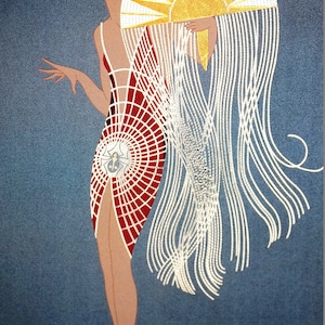 Erte Matted Print 1991 FLAPPER DANCER Red Spider Web Dress W FRINGE Sun ...