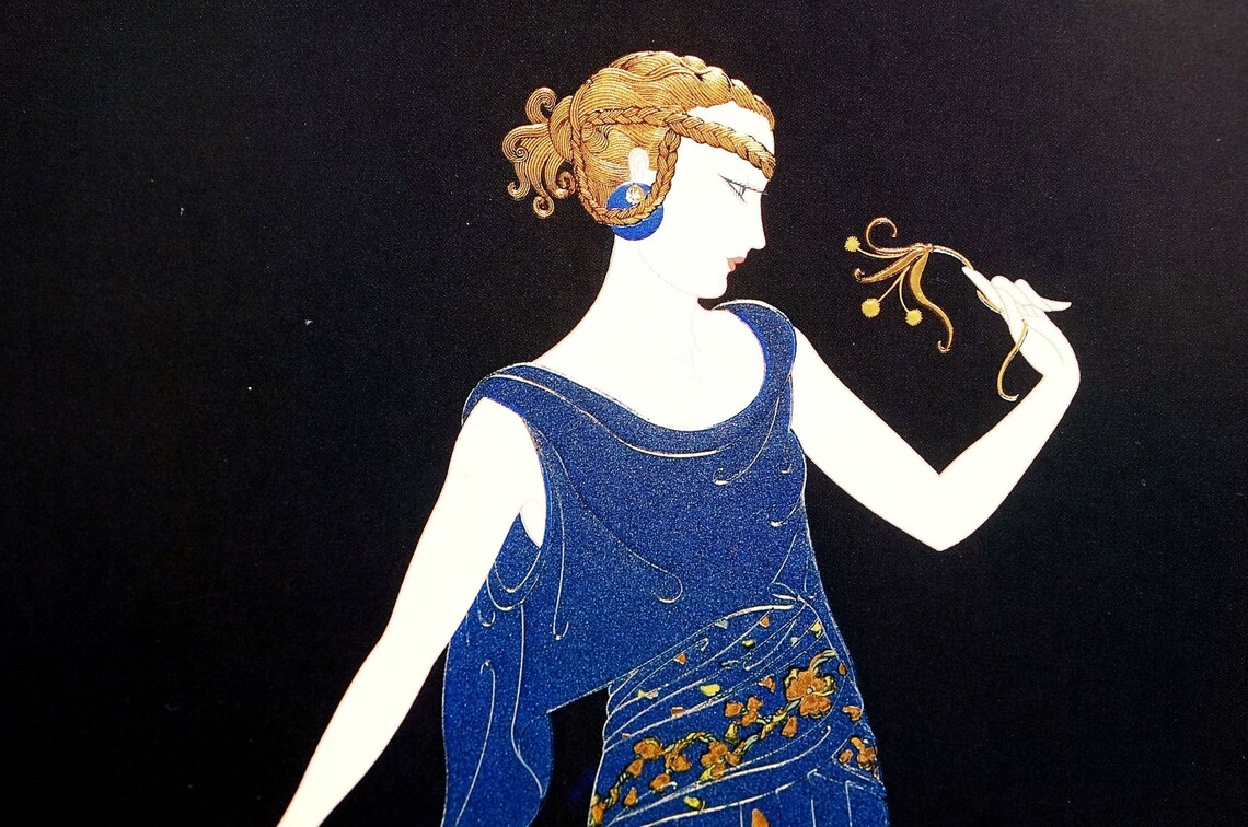 Erte Matted Print 1991 Blue FLOWER PETAL DRESS Yellow Petals - Etsy
