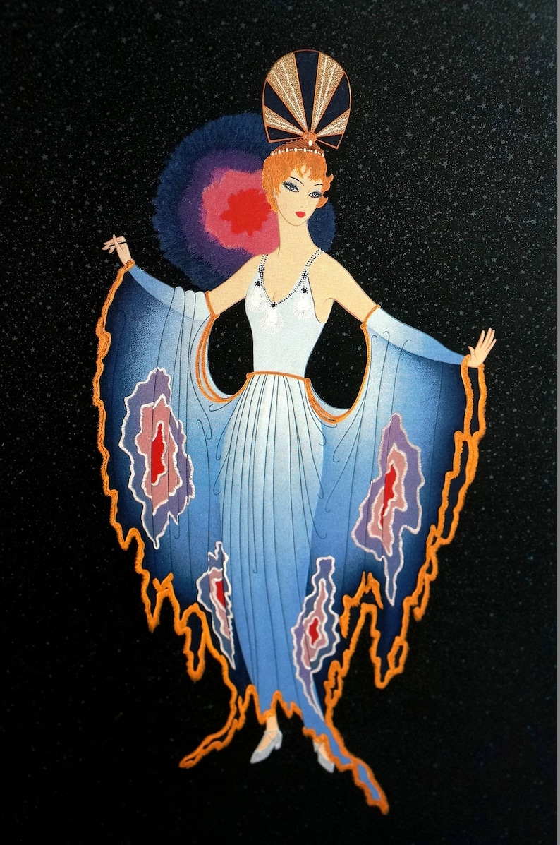 Erte Matted Print 1987 TWILIGHT STARRY NIGHT Sky Moon Lady in Blue ...