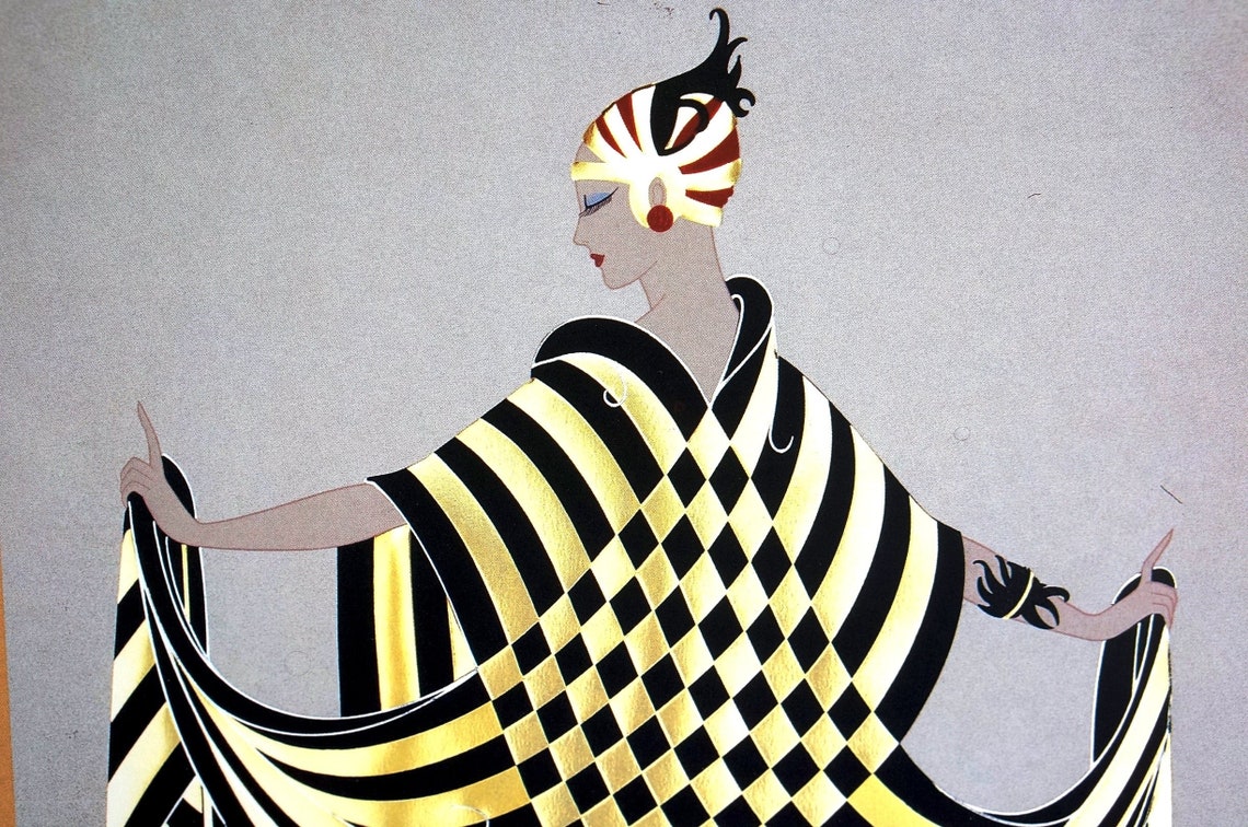 Erte Matted Print 1991 BALCONY Lady in CHECKERED Opera Cloak | Etsy