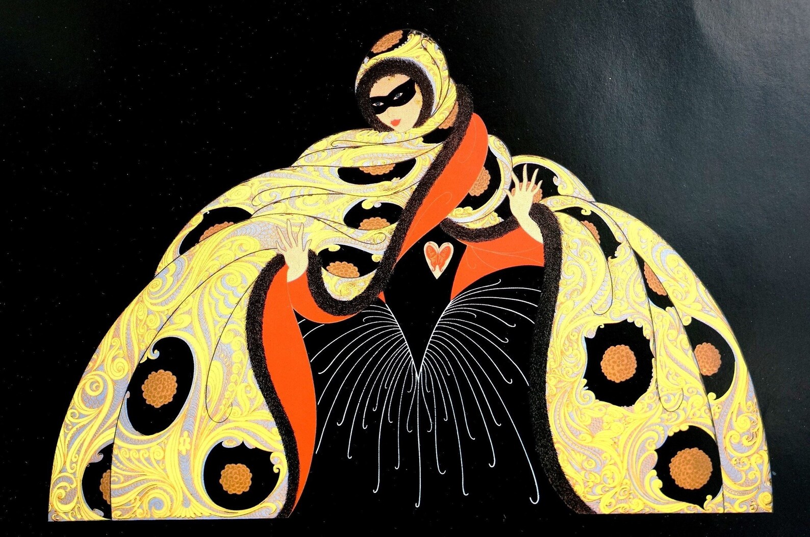 Erte Print 1987 MASQUERADE GOWN MASKED Lady Heart Dress Cape ...