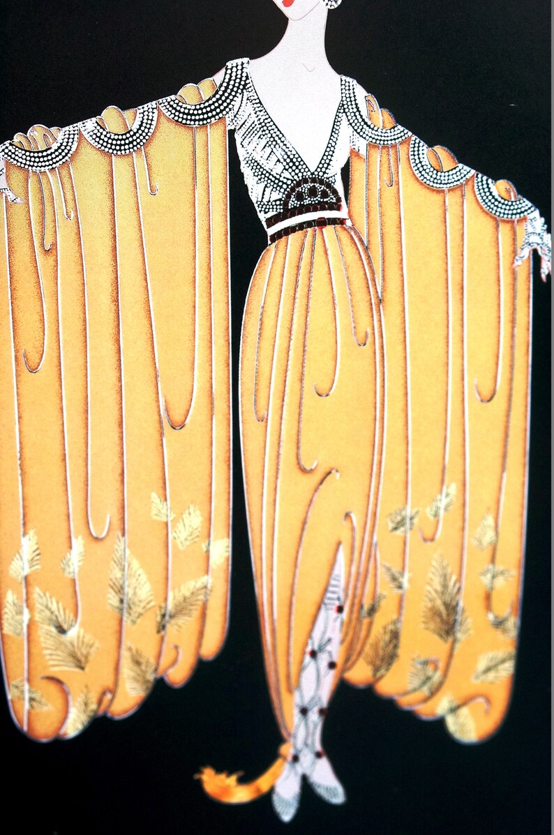 Erte Matted Print 1991 ORIENTAL GOWN W YELLOW Gold Flowers Feathers ...