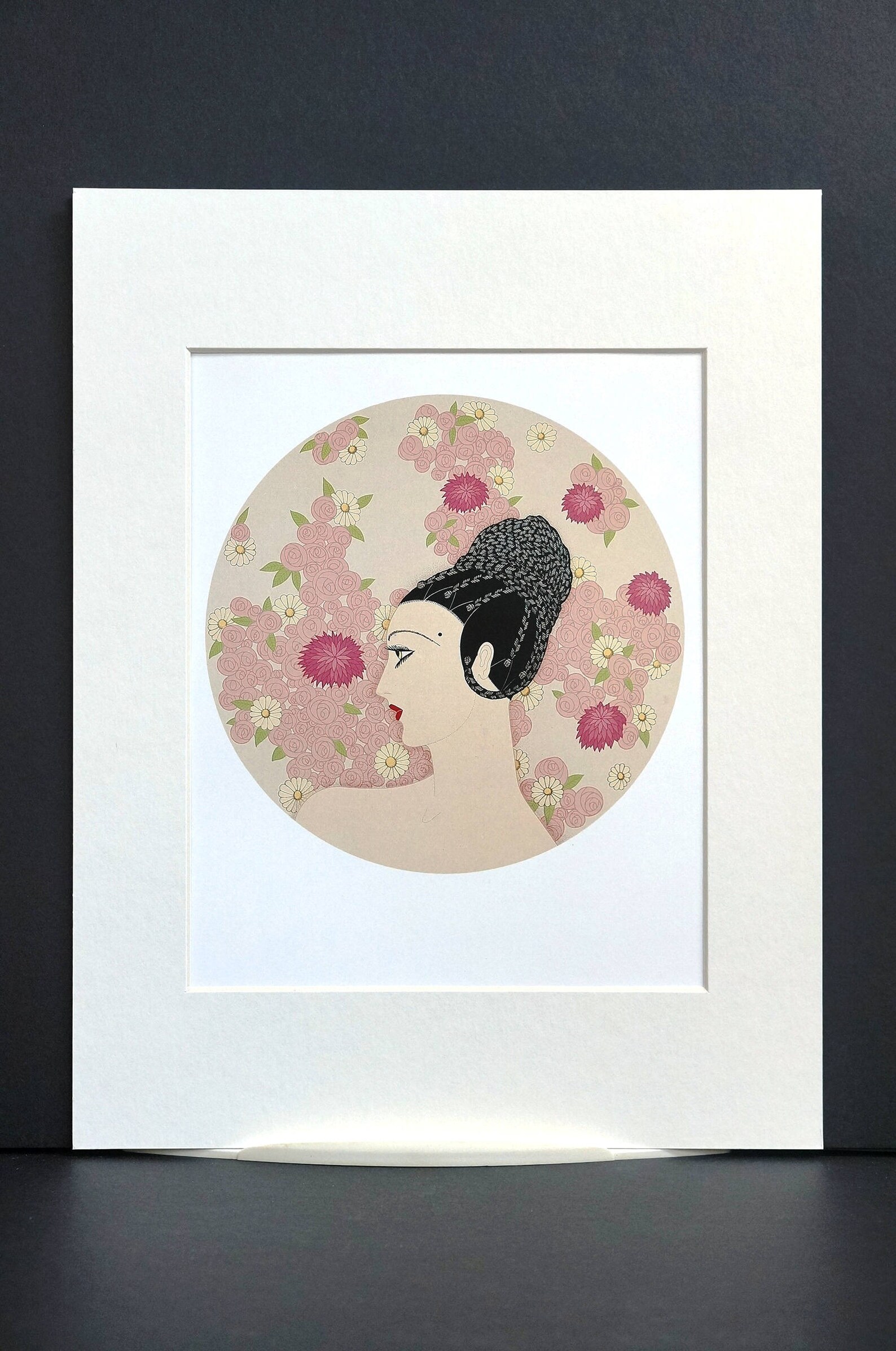 Erte Matted Print 1987 ROSES Flowers Pretty Lady in ROSE GARDEN ...