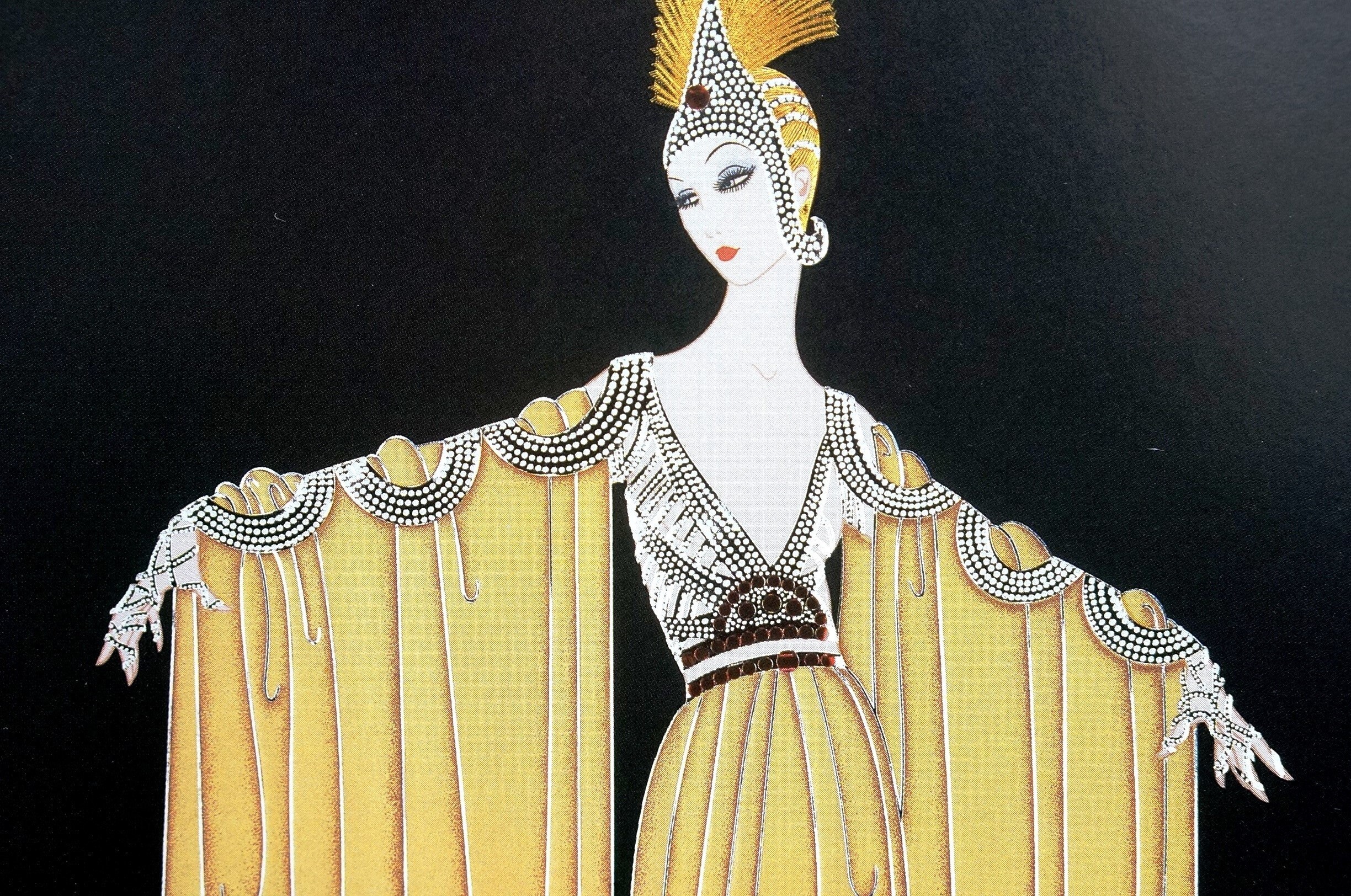 Erte Matted Print 1991 ORIENTAL GOWN W YELLOW Gold Flowers Feathers ...