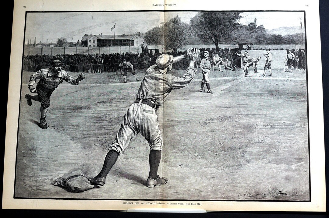 Baseball Game 1887 THROWN OUT on SECOND Team Batter Pitcher Catcher ...