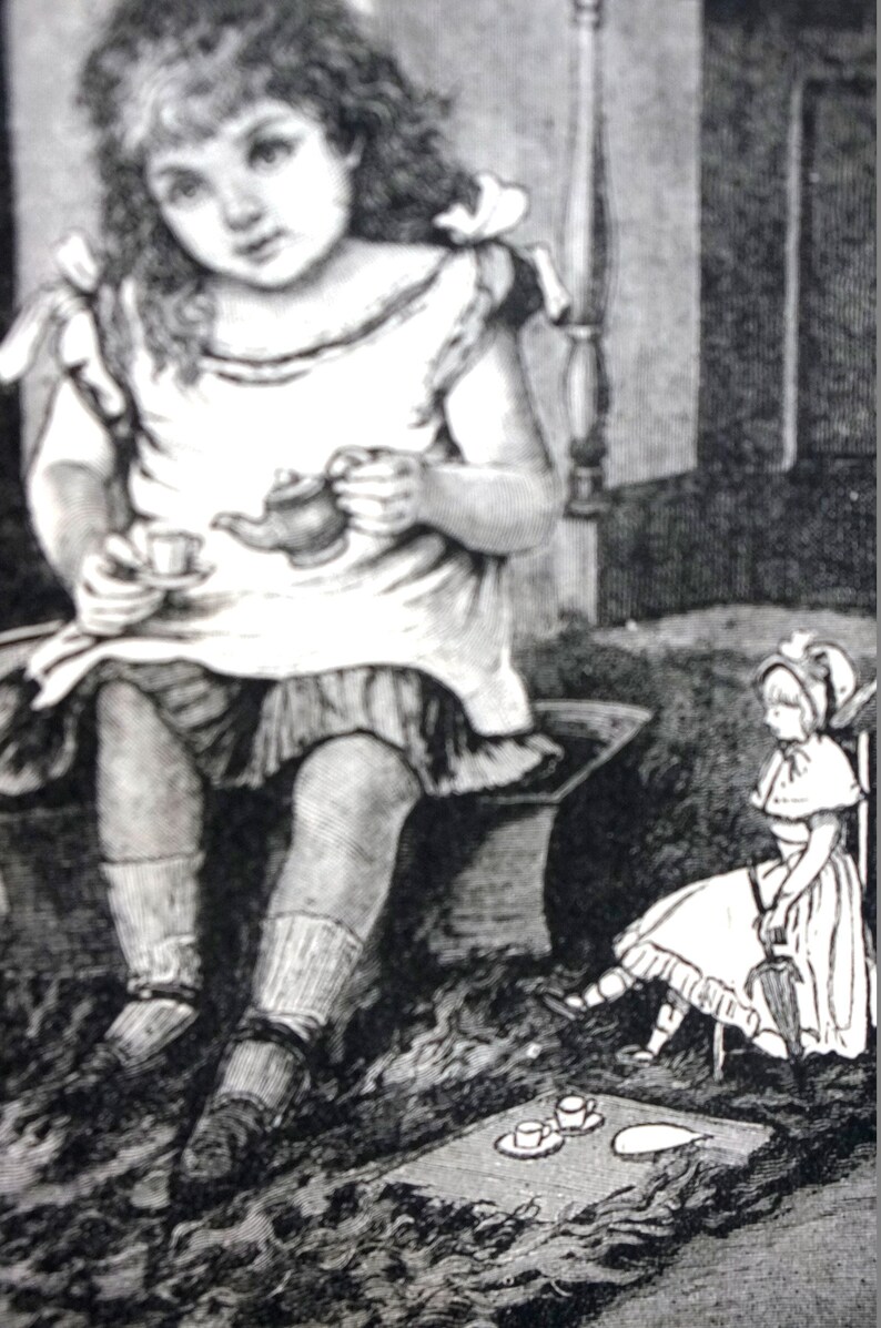 Child Afternoon Tea 1888 Little Girl Playing W DOLLS and TEA SET ...