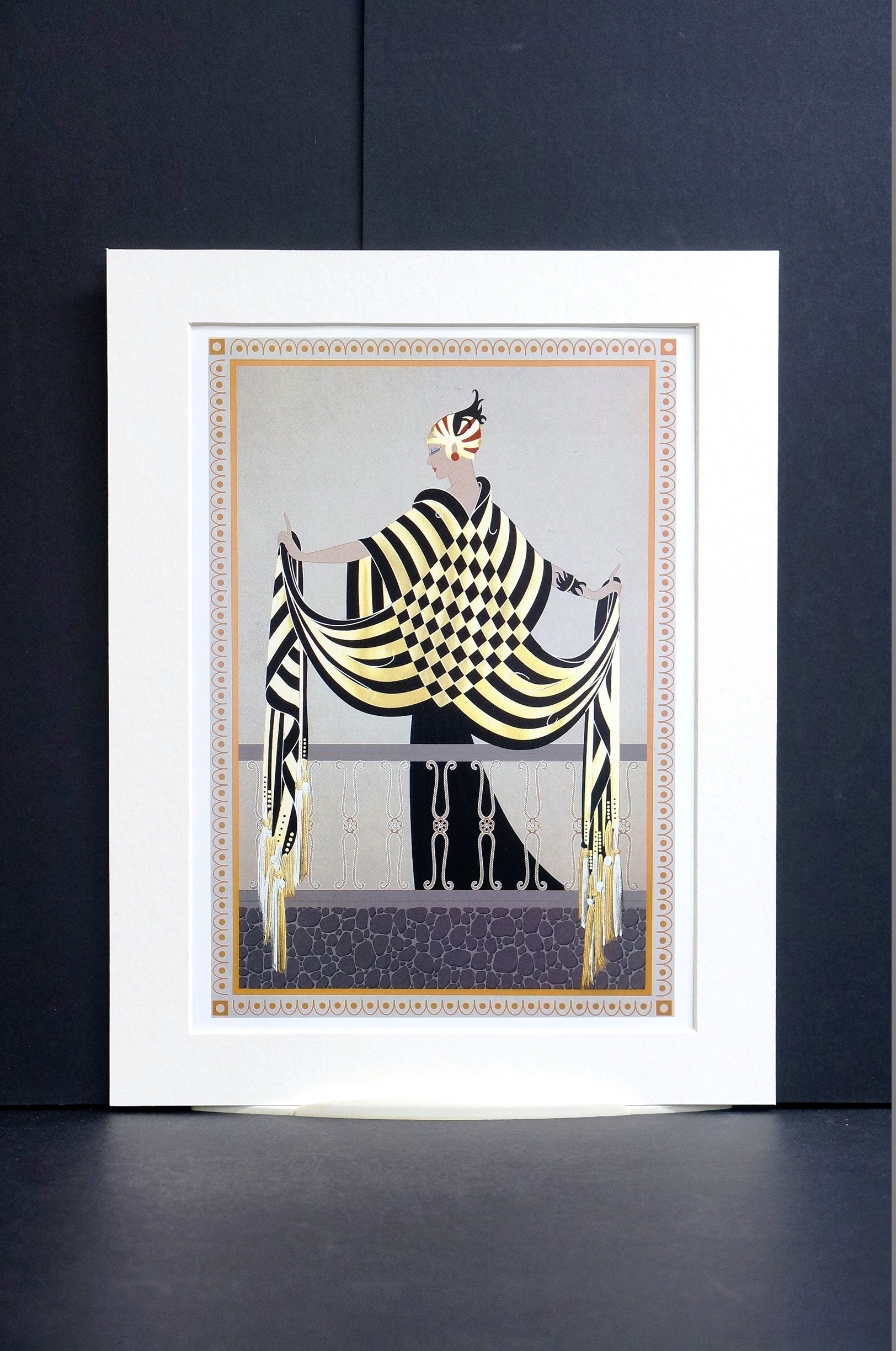Erte Matted Print 1991 BALCONY Lady in CHECKERED Opera Cloak | Etsy