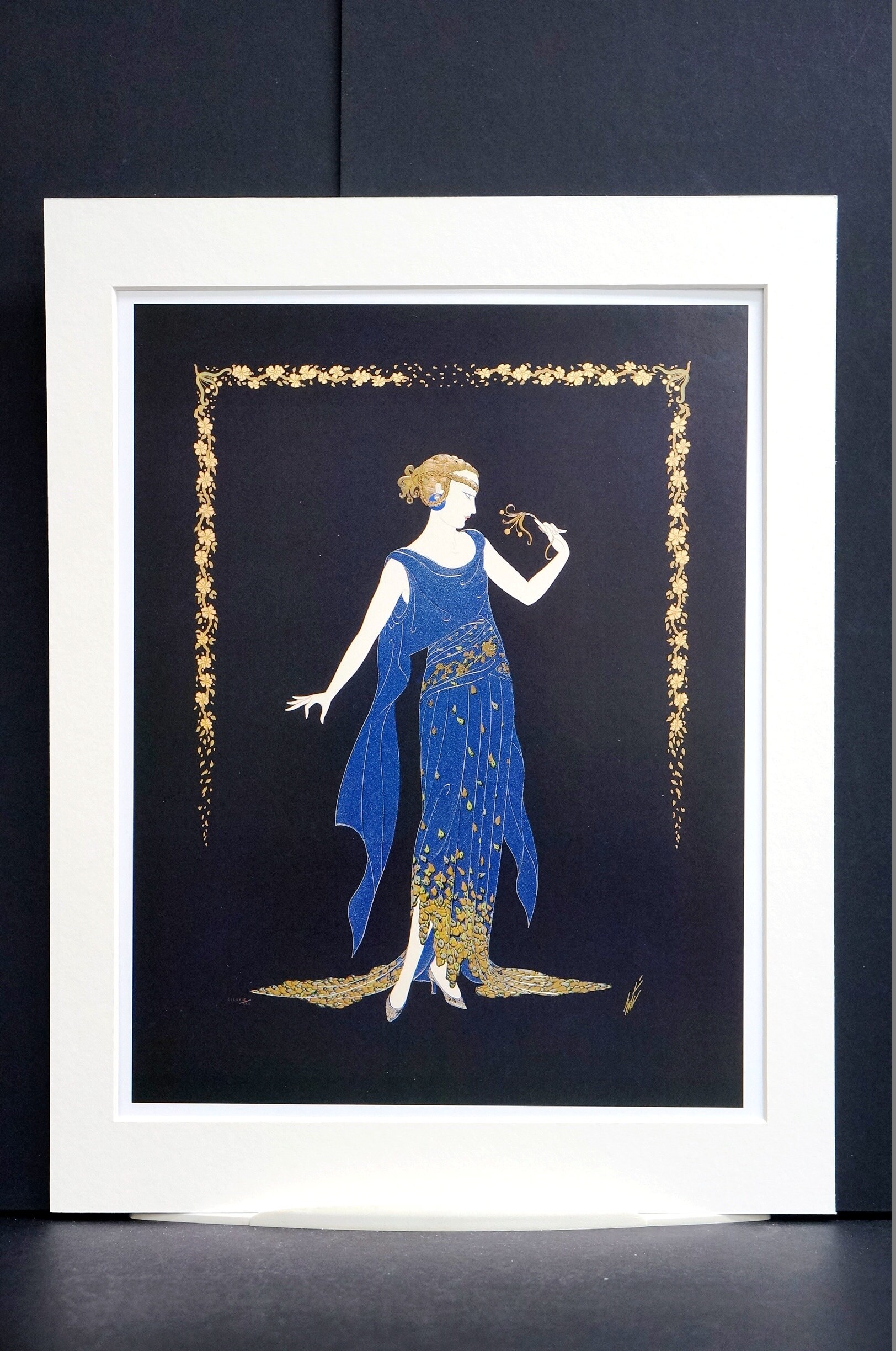 Erte Matted Print 1991 Blue FLOWER PETAL DRESS Yellow Petals and Leaves ...