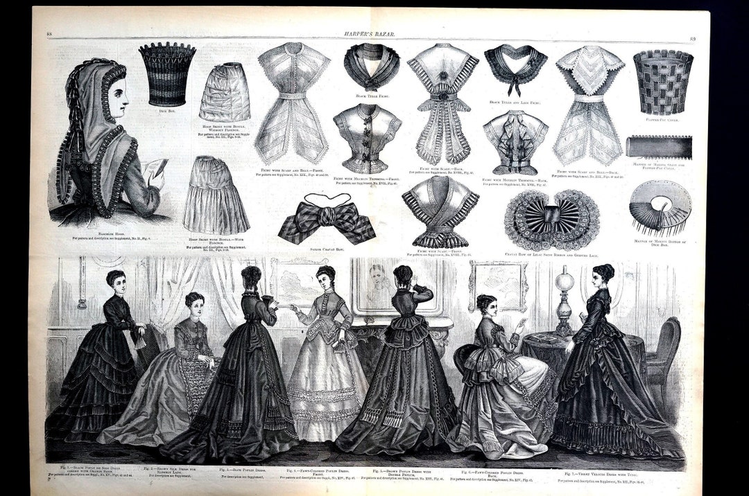Victorian Ladies Fashions 1869 DRESSES HOOP SKIRTS Hoods Bustles Fichu ...