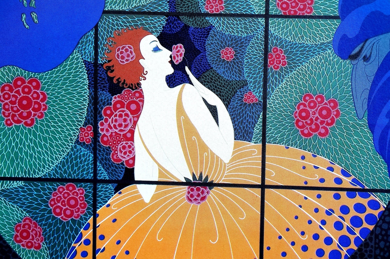 Erte Matted Print 1987 WINTER FLOWERS Pink Polka Dot Dress Bouquet ...