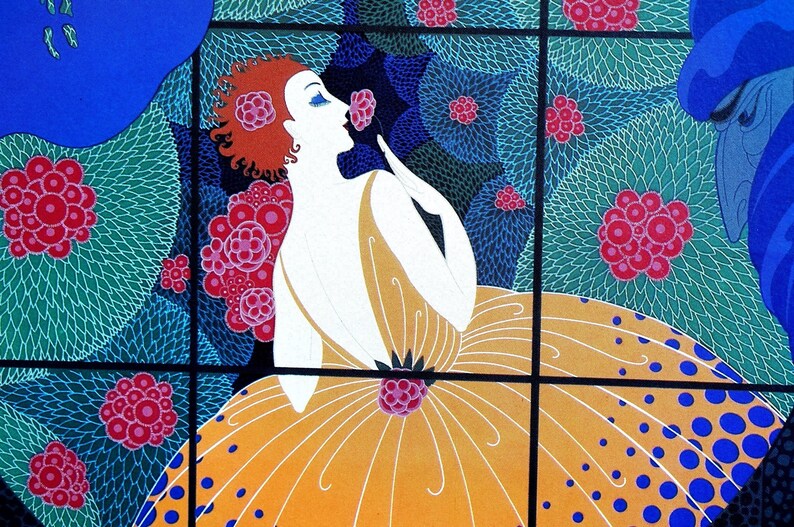 Erte Matted Print 1987 WINTER FLOWERS Pink Polka Dot Dress Bouquet ...