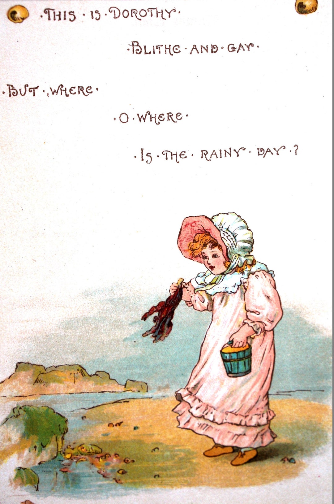 Victorian Child DOROTHY in GARDEN Watering Plants Flowers Rainy Day ...