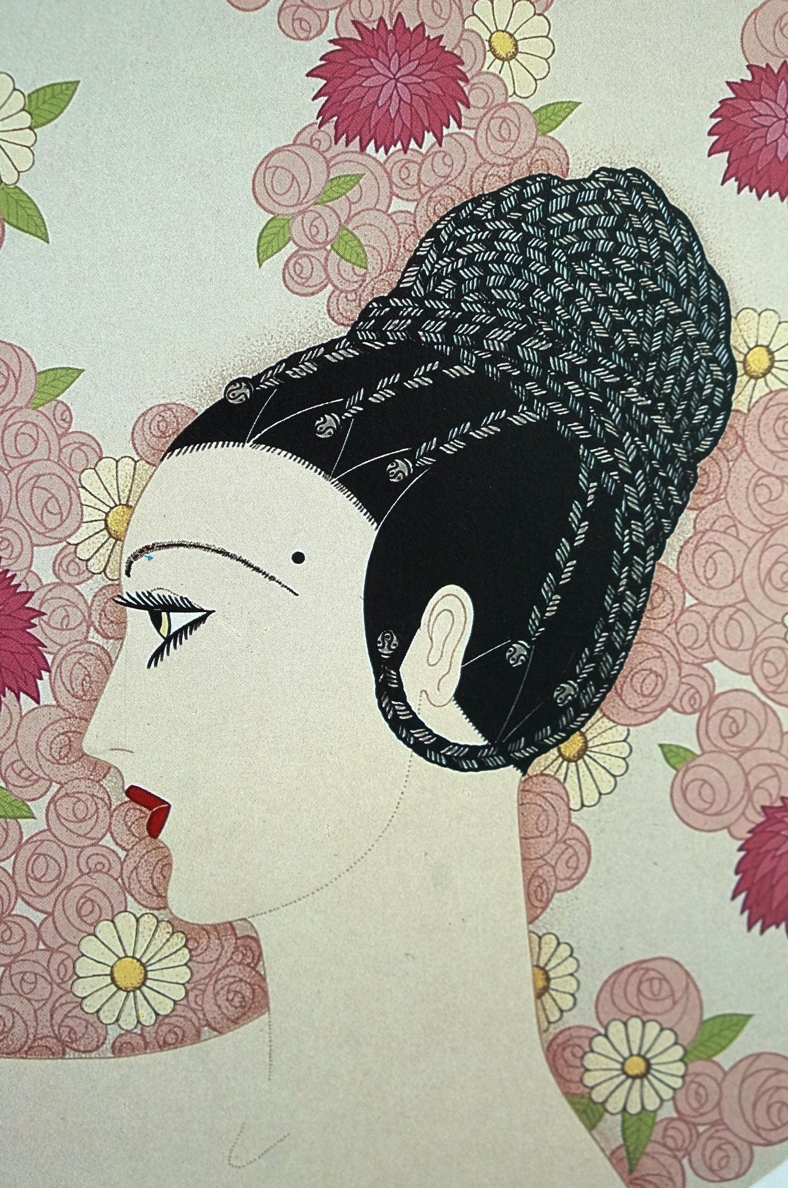 Erte Matted Print 1987 ROSES Flowers Pretty Lady in ROSE GARDEN ...