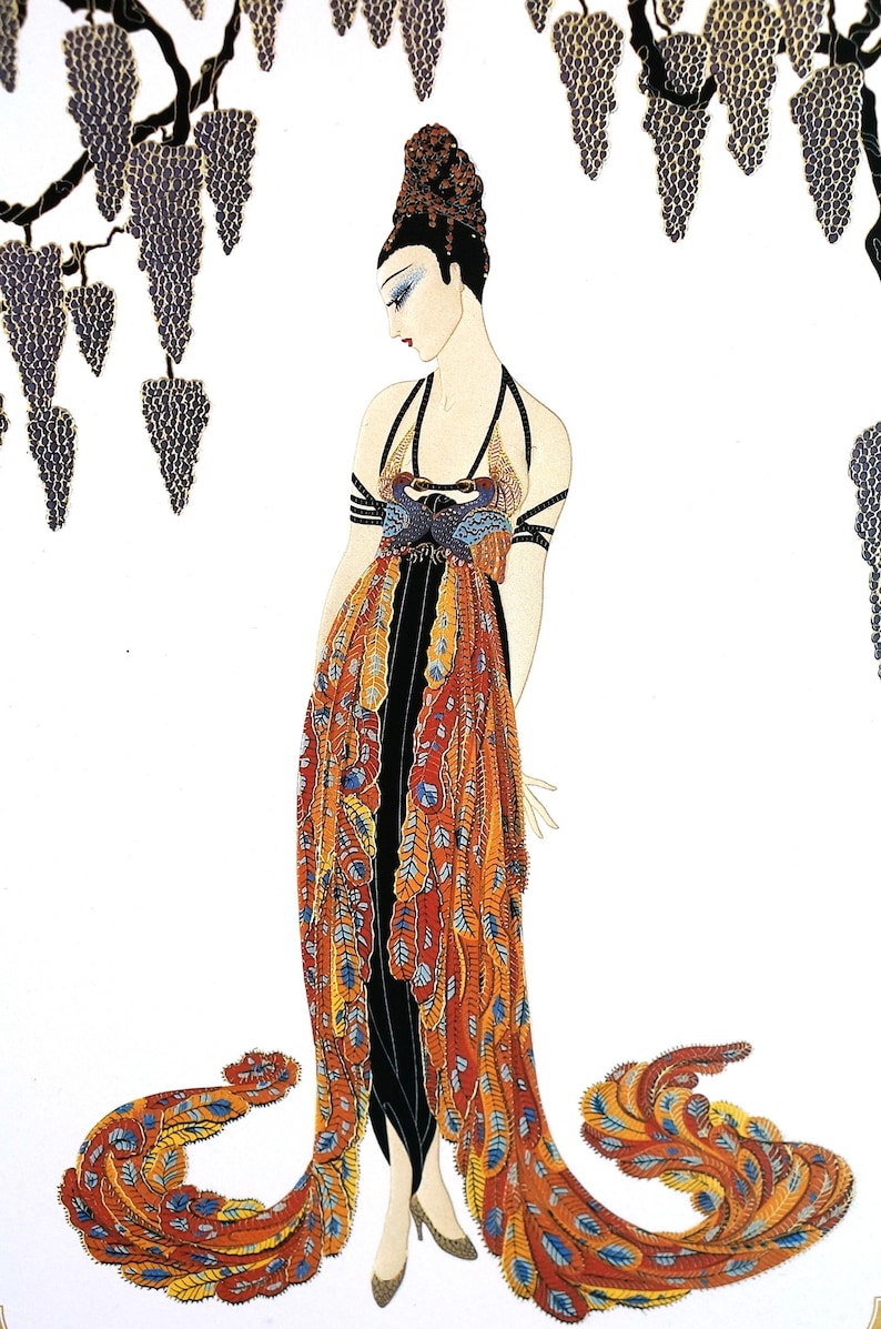 Erte PEACOCK FEATHER GOWN 1987 - Art Deco Matted Fashion Illustration ...