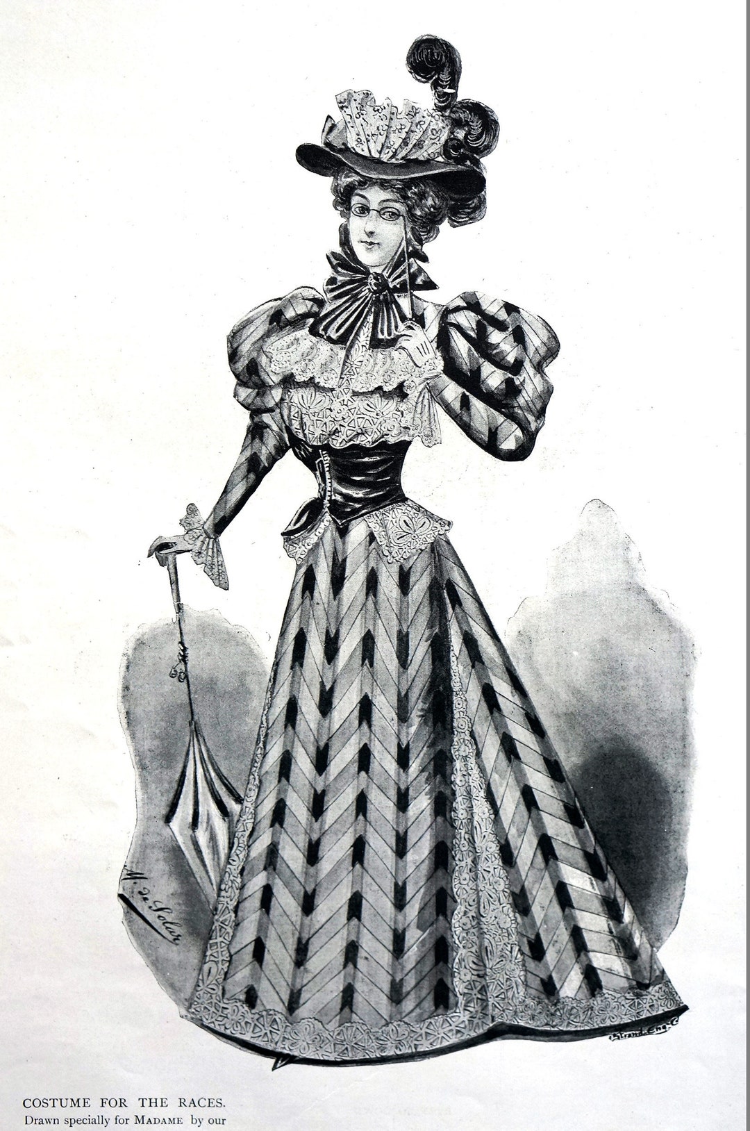 Costume for the RACES 1896 VICTORIAN Lady in Dress Feather Hat and ...