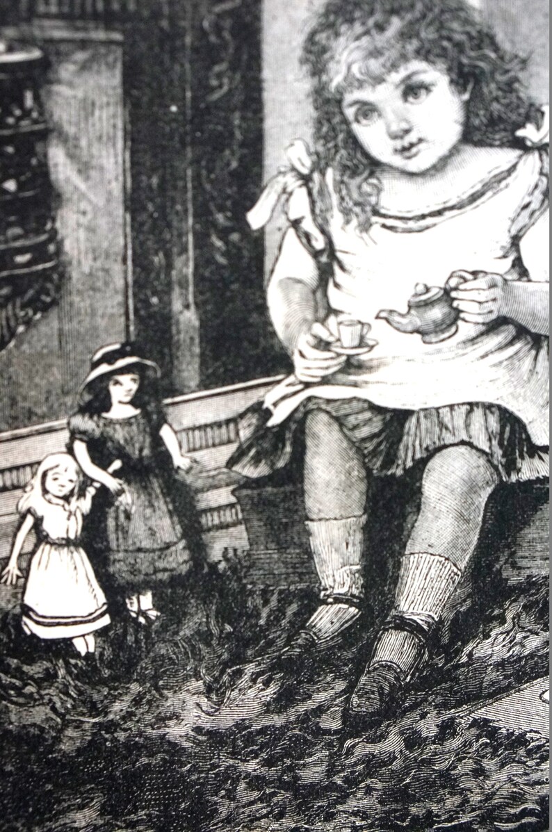 Child Afternoon Tea 1888 Little Girl Playing W DOLLS and TEA SET ...