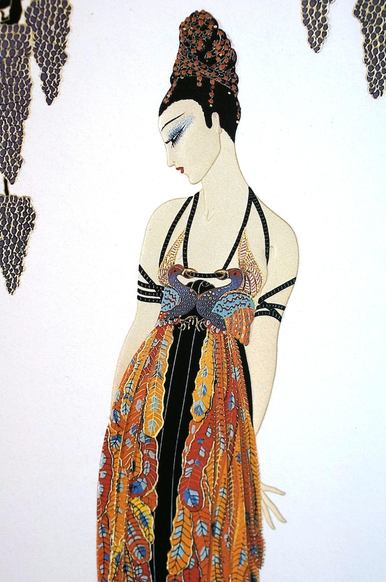 Erte PEACOCK FEATHER GOWN 1987 - Art Deco Matted Fashion Illustration ...
