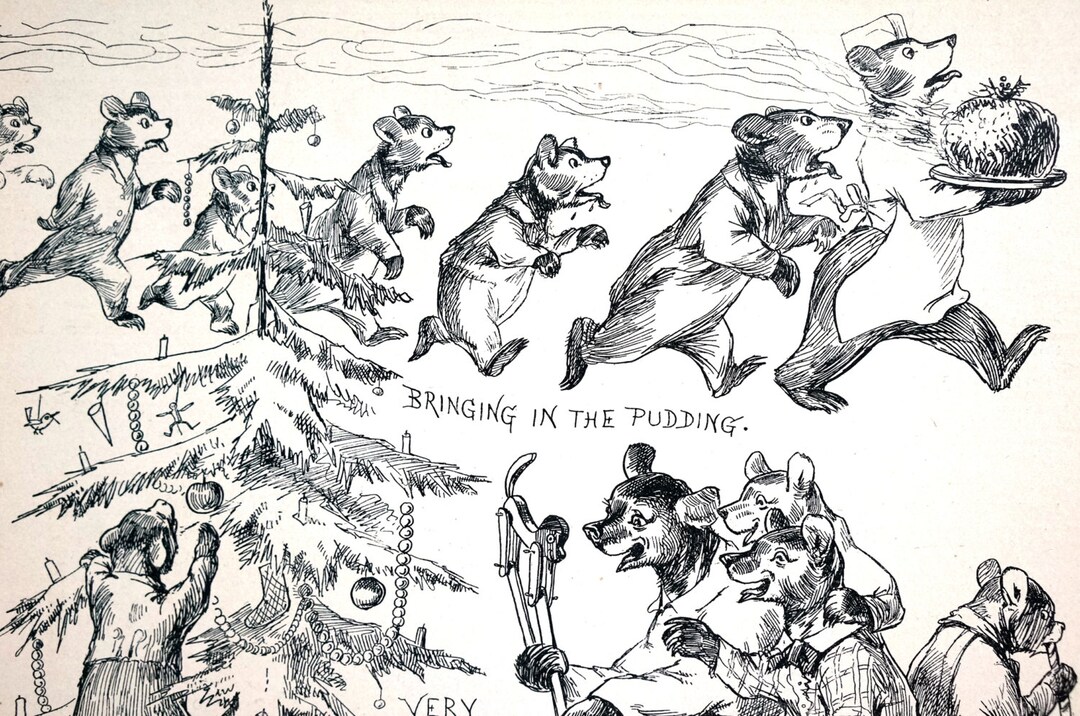 Culmer Barnes 1890 CHRISTMAS Print PELTYVILLE BEARS Xmas Tree Pudding ...