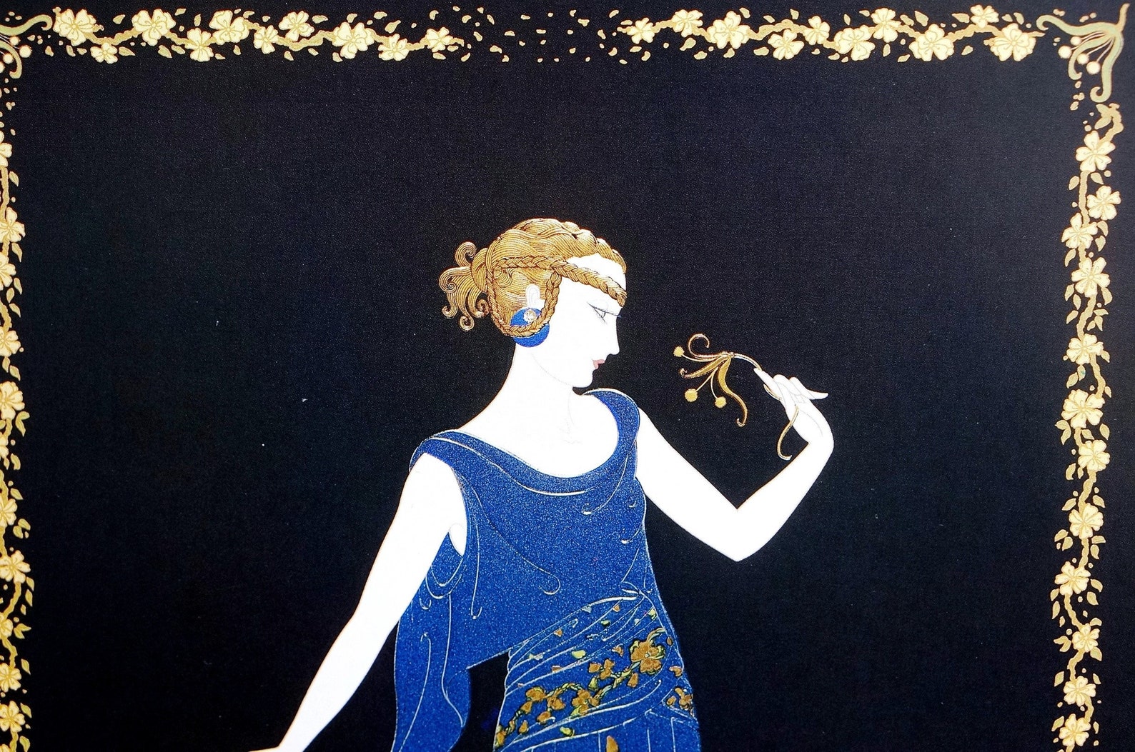 Erte Matted Print 1991 Blue FLOWER PETAL DRESS Yellow Petals and Leaves ...