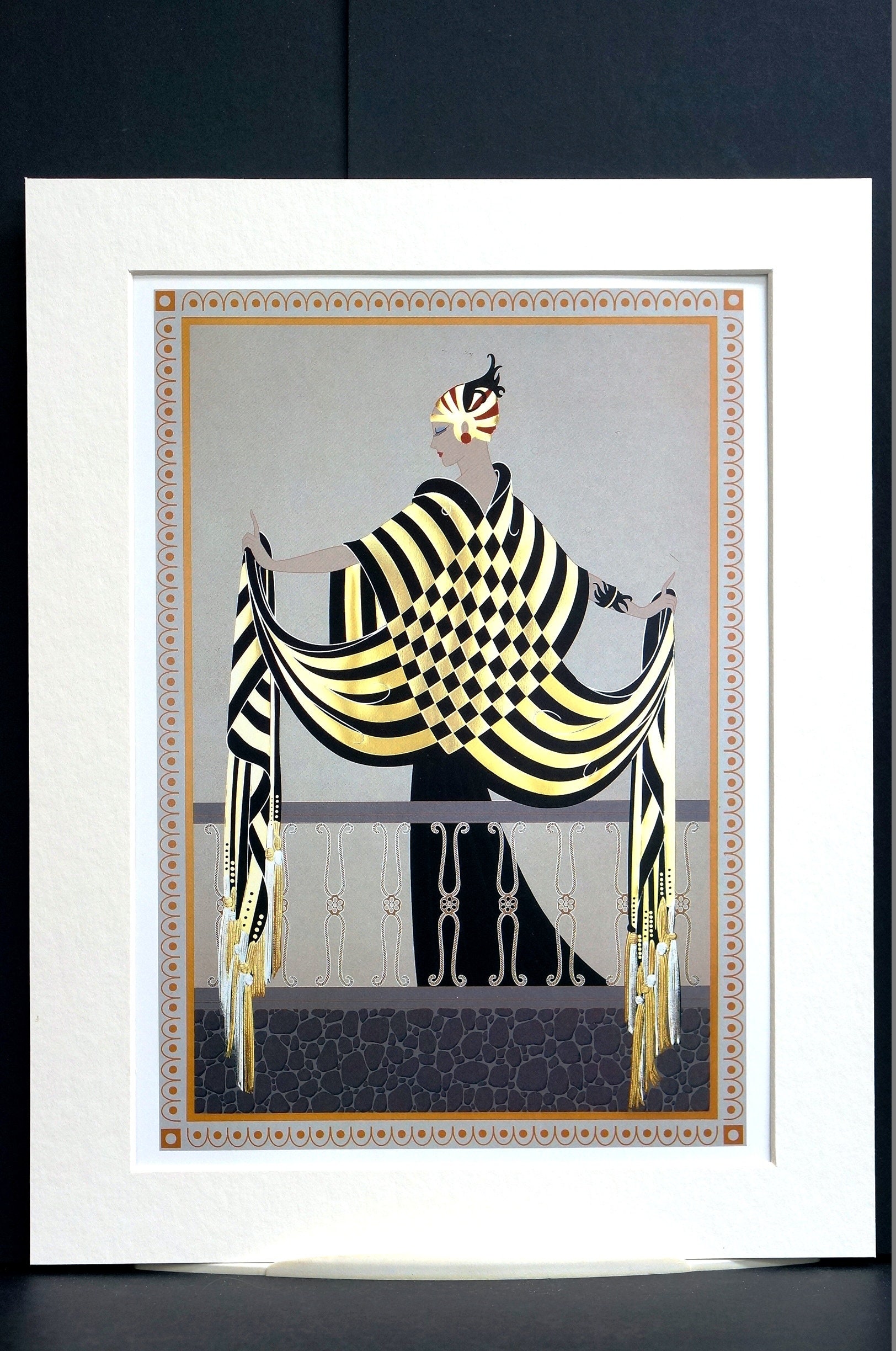 Erte Matted Print 1991 BALCONY Lady in CHECKERED Opera Cloak | Etsy