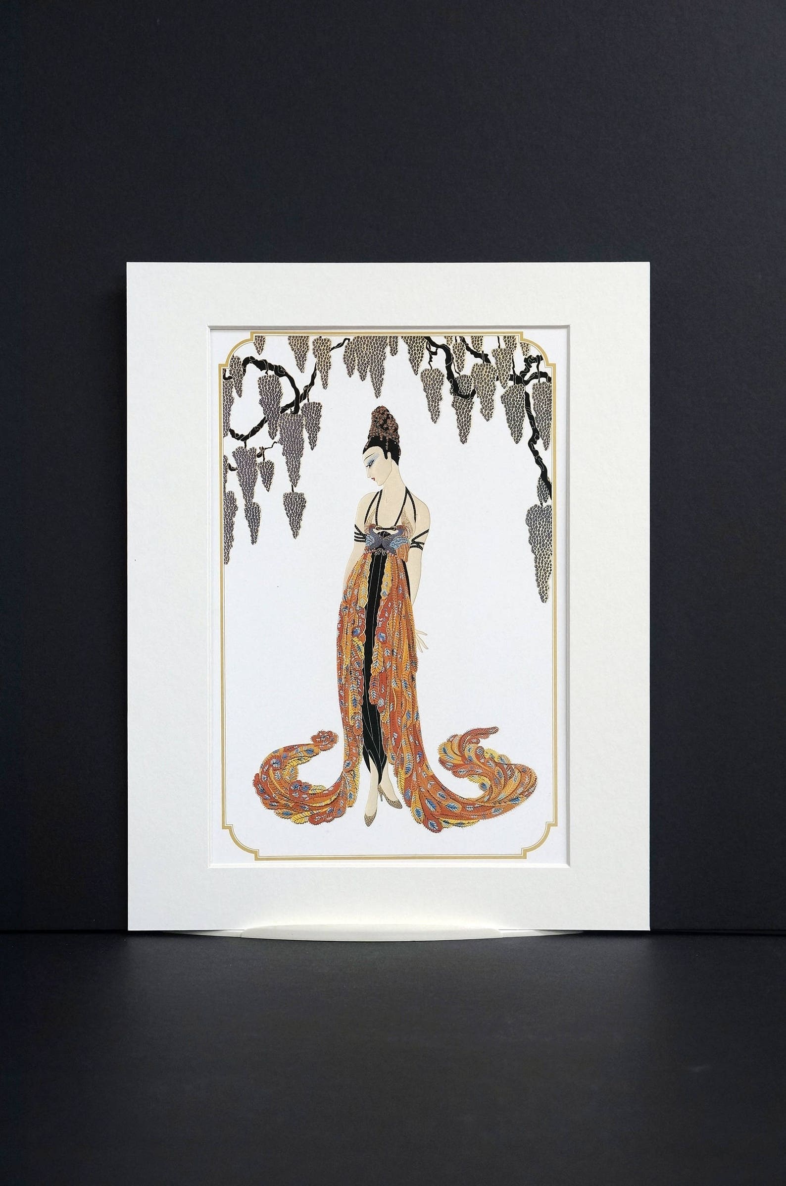 Erte PEACOCK FEATHER GOWN 1987 - Art Deco Matted Fashion Illustration ...