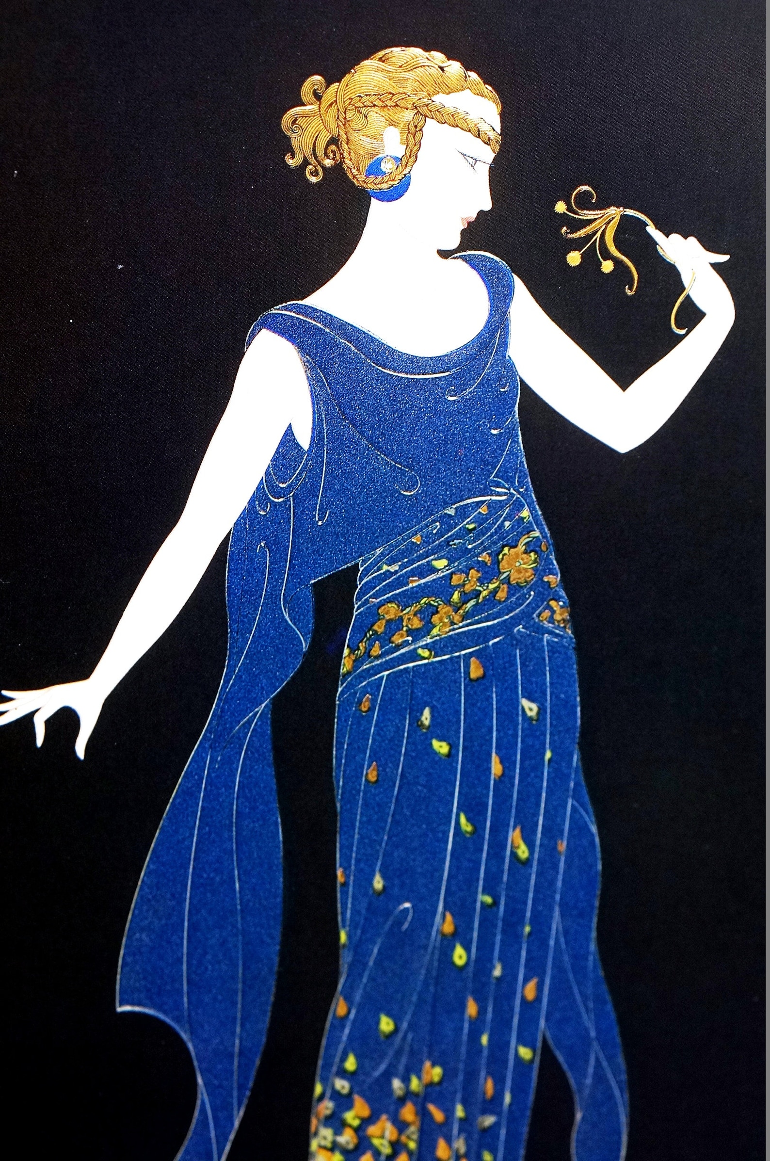 Erte Matted Print 1991 Blue FLOWER PETAL DRESS Yellow Petals and Leaves ...