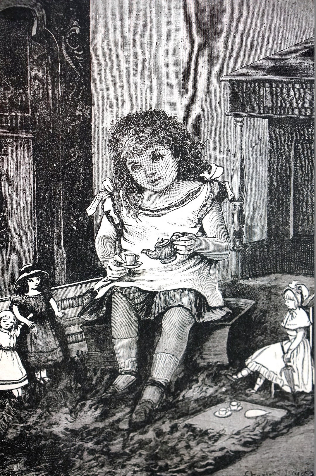 Child Afternoon Tea 1888 Little Girl Playing W DOLLS and TEA SET ...