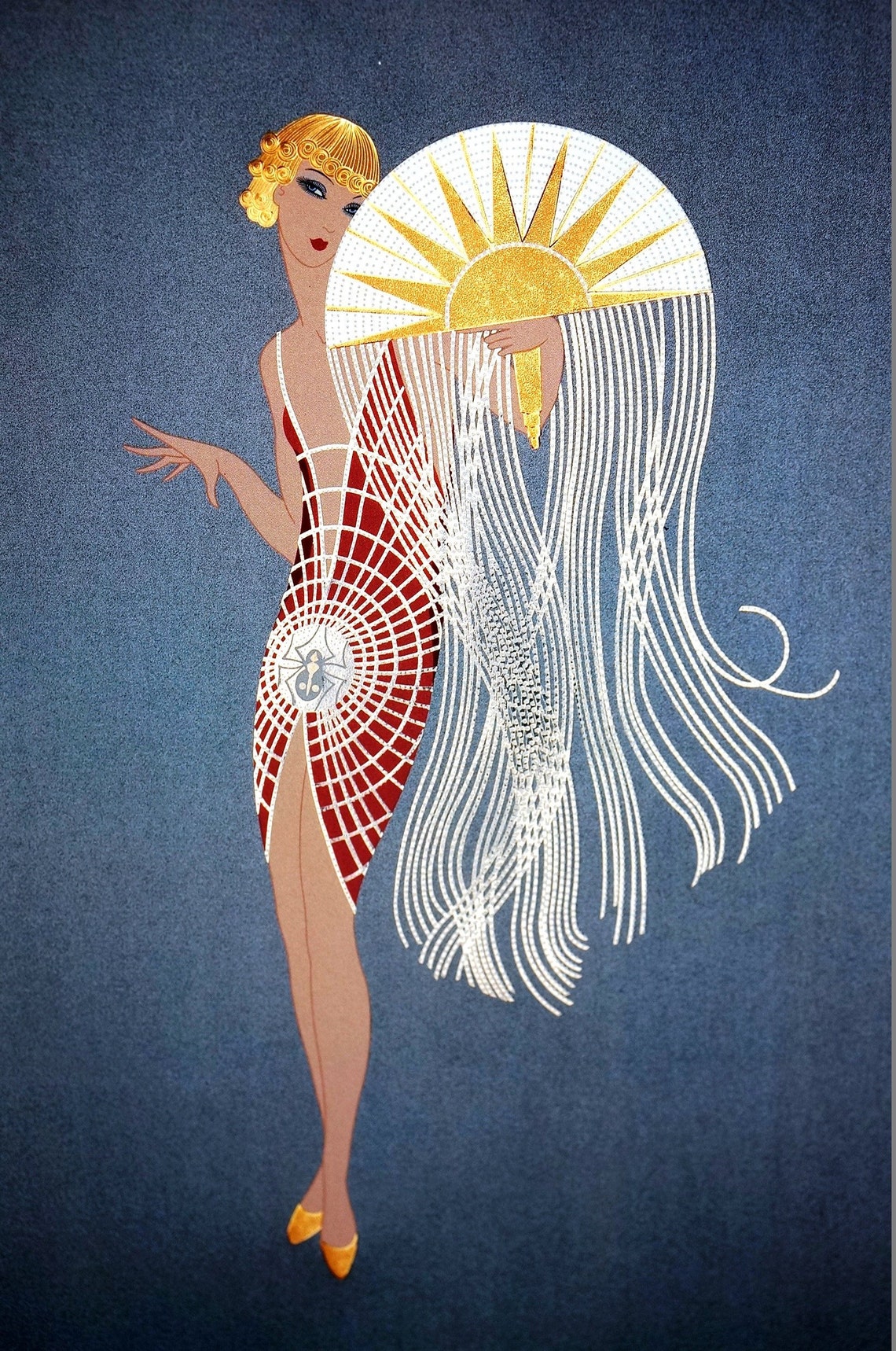 Erte Matted Print 1991 FLAPPER DANCER Red Spider Web Dress W FRINGE Sun ...