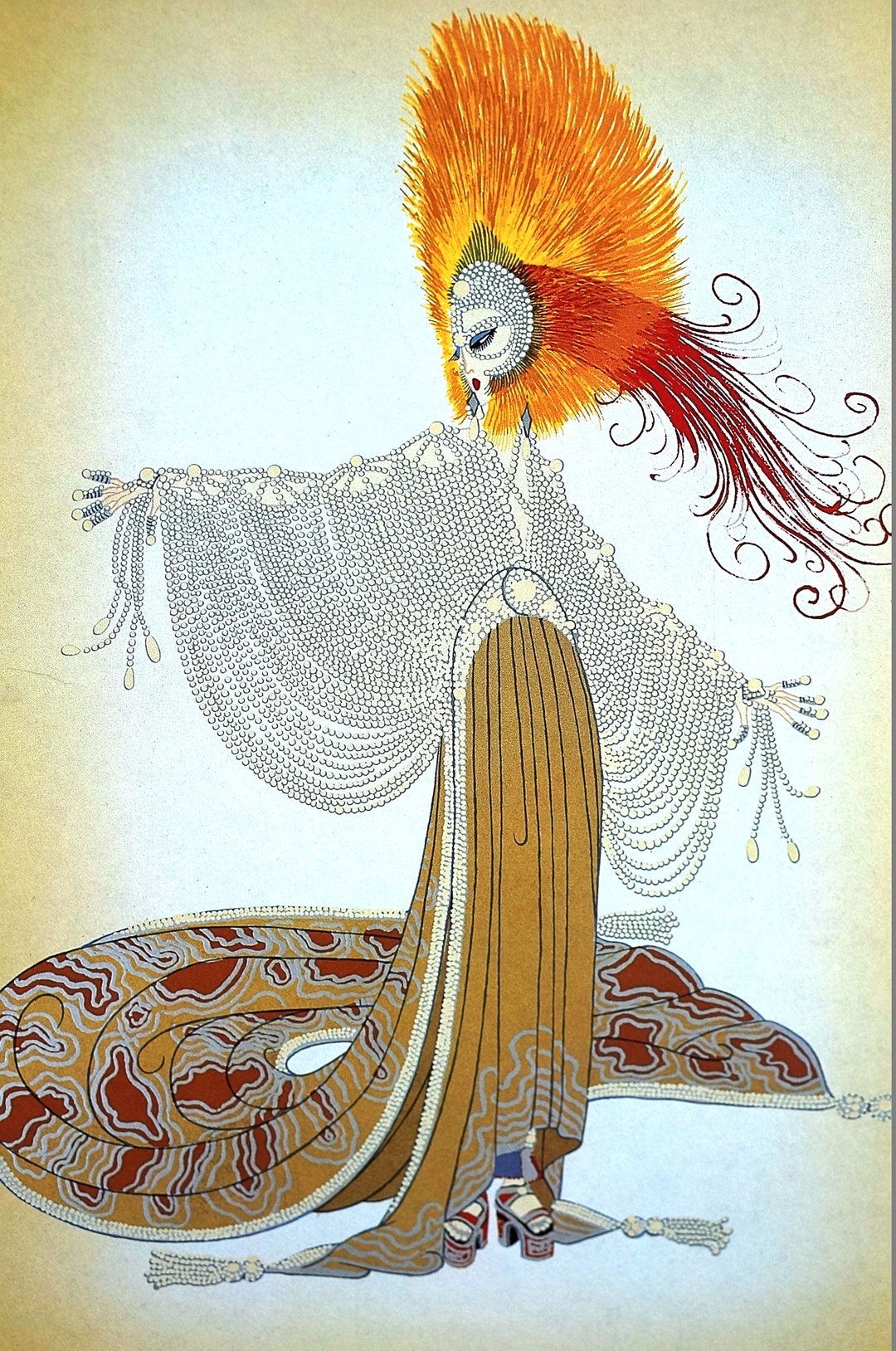 Erte Matted Print 1987 L'ORIENTAL Persian Beauty in ORANGE Feather MASK ...