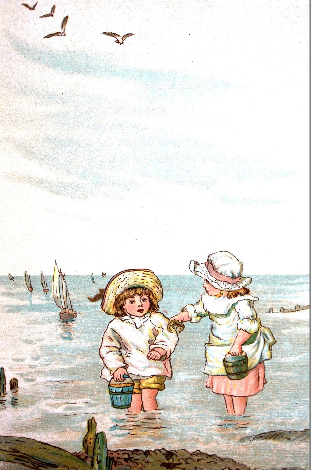 Victorian Children TODDLERS Babies PLAYING in WATER at Beach 1890 ...