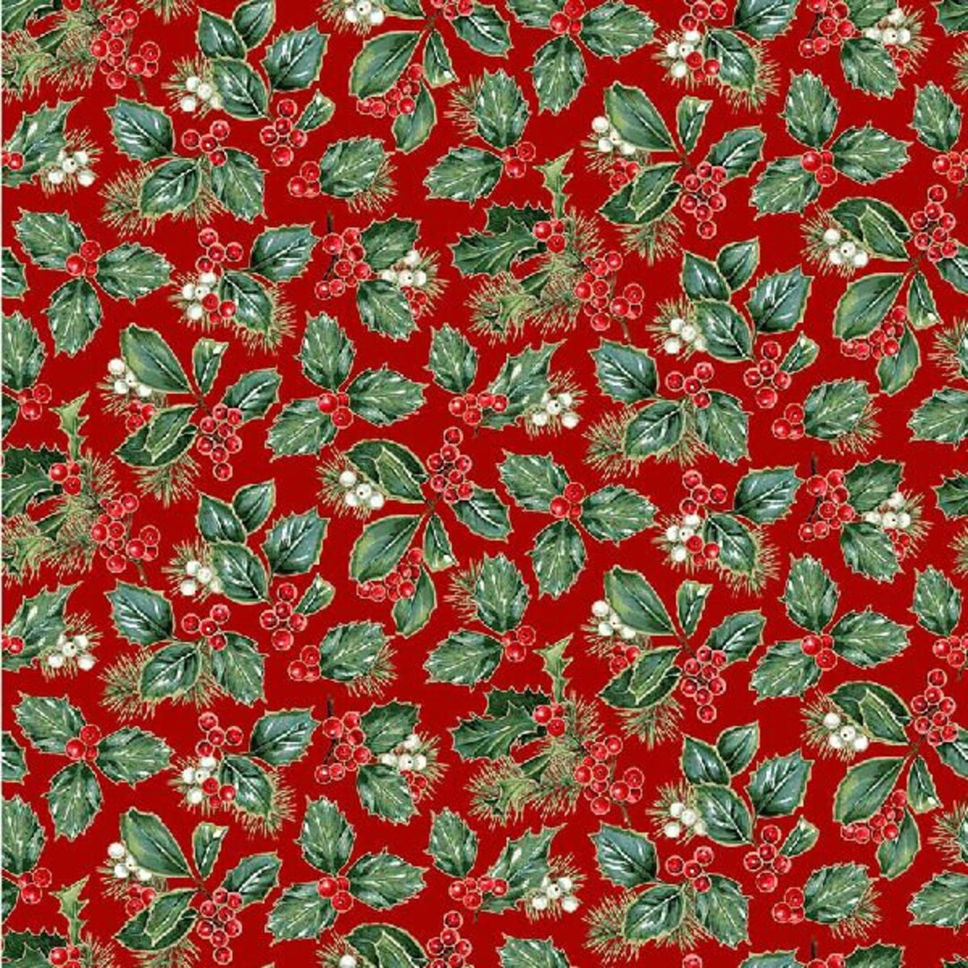 Yd Berries & Holly Red Metallic Fabric for Timeless Treasures - Sold by ...