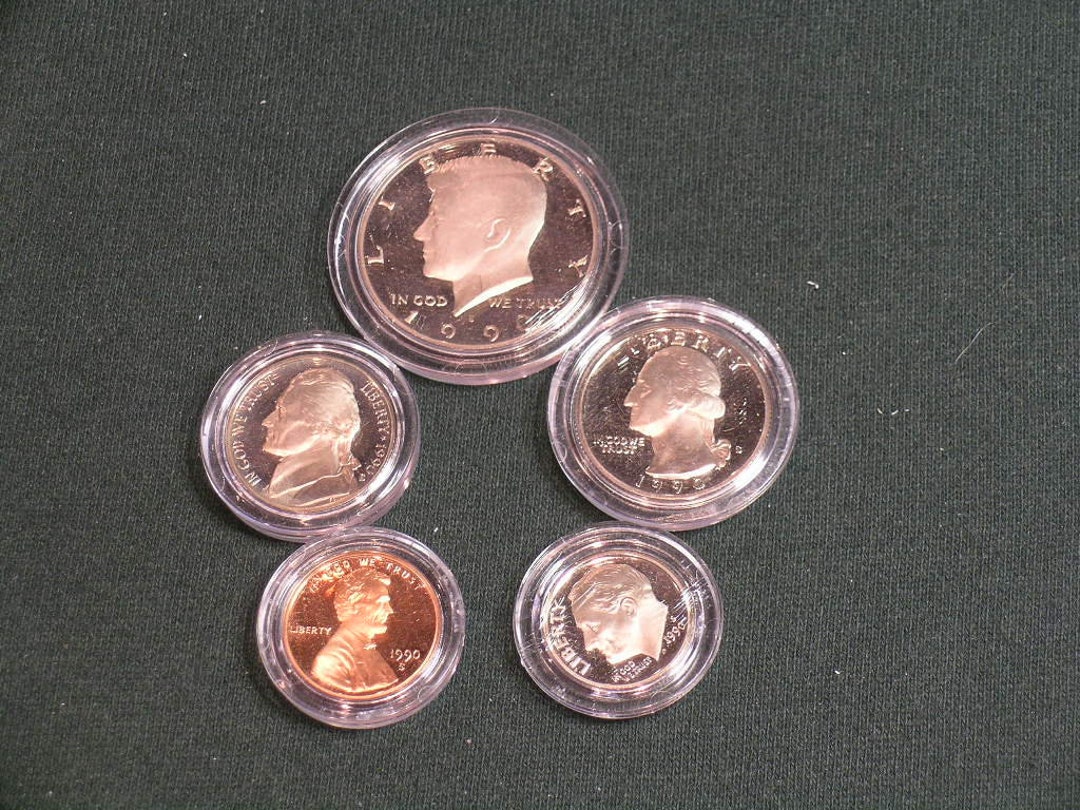 1990 Proof Coin Year Set in Individual Capsules - Vintage 5 Coin Set ...